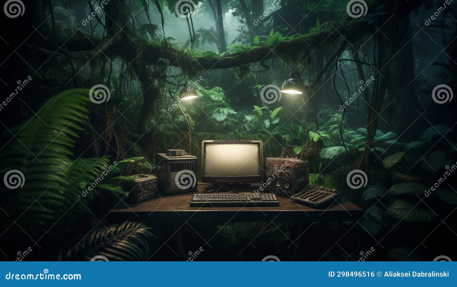 Worker Co with Computer on Table in Jungle Stock Illustration ...