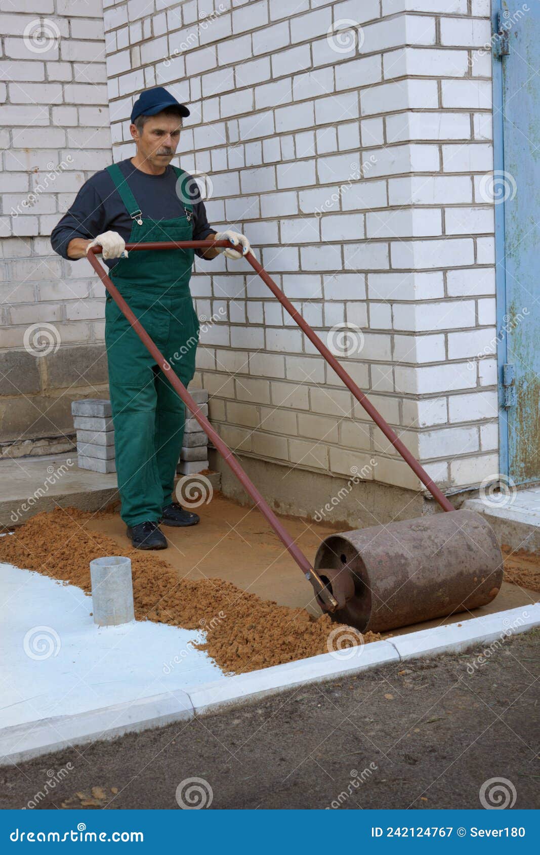 A Worker Compacts Soil Or Sand With A Vibrating Plate In A Trench At A ...