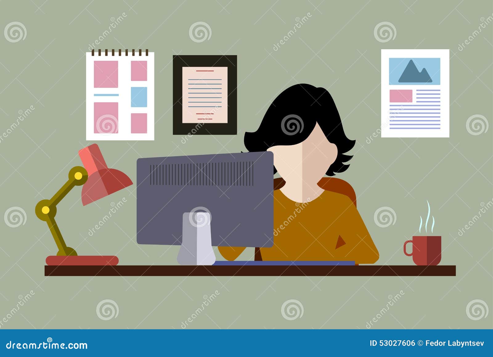Worker at a Computer in a Flat Style Stock Vector - Illustration of ...