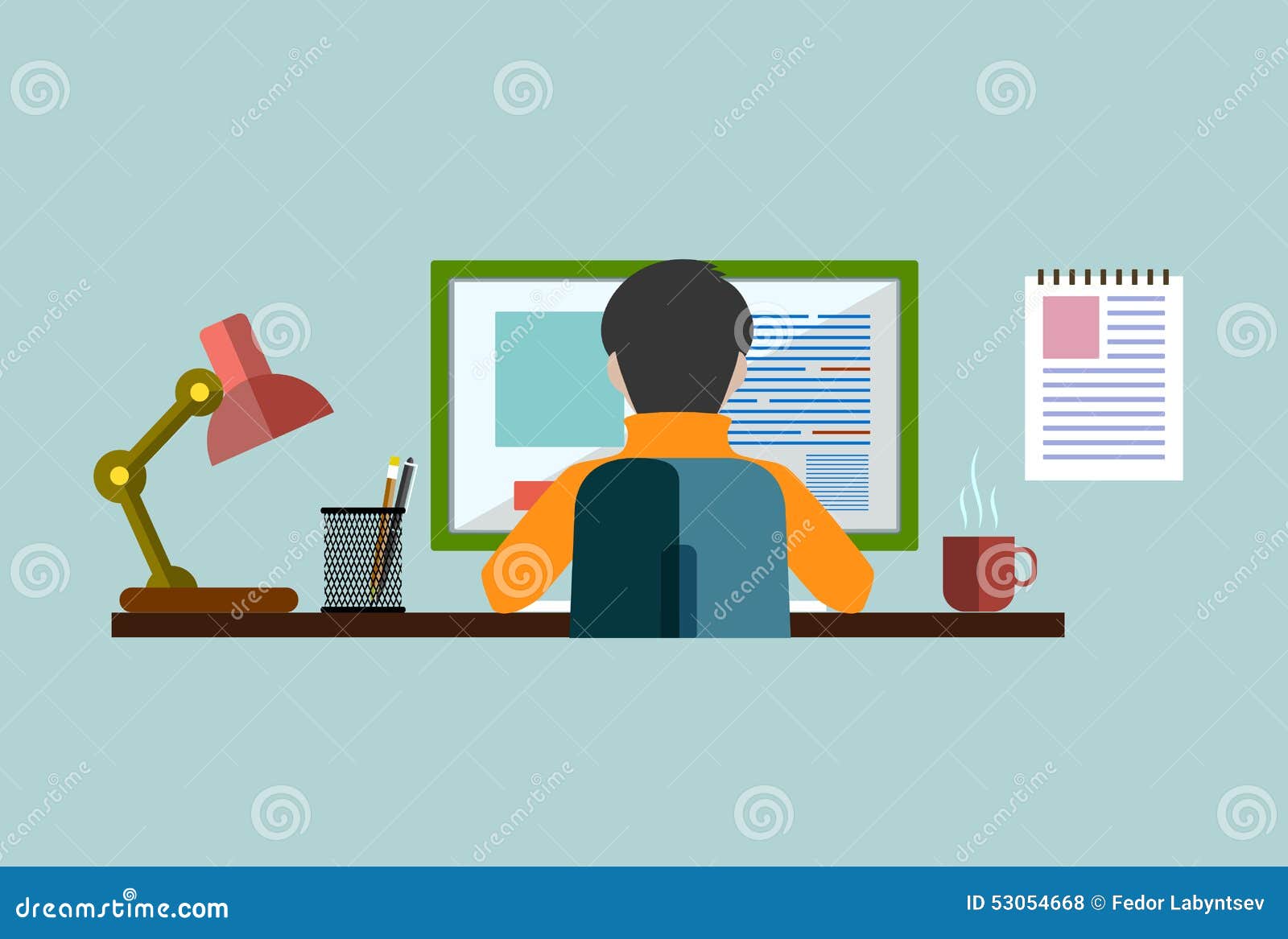 Worker at a Computer in a Flat Style Stock Vector - Illustration of ...