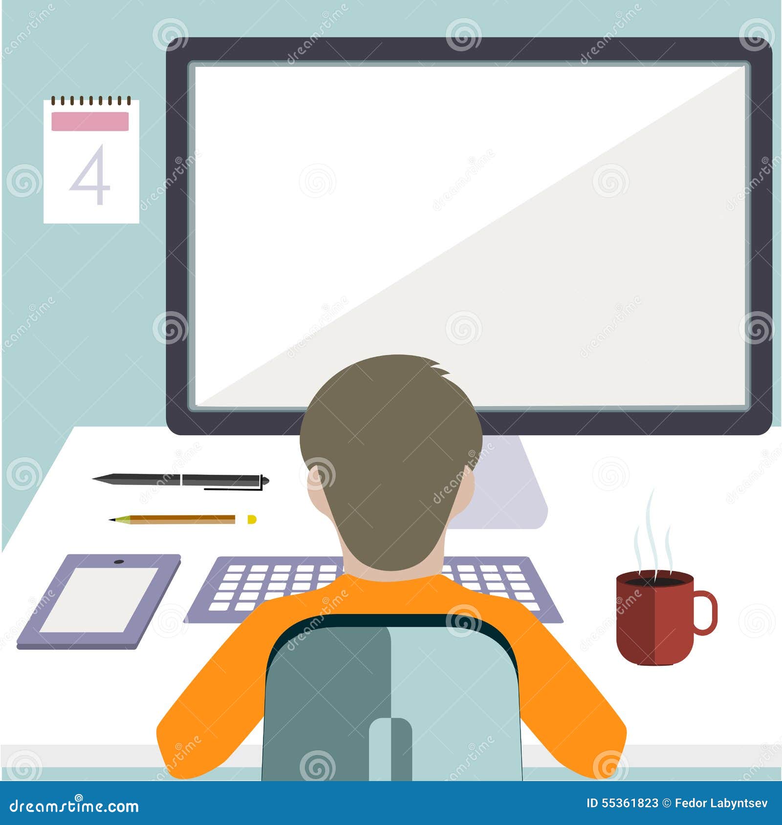 Worker at a Computer in a Flat Style Stock Vector - Illustration of ...