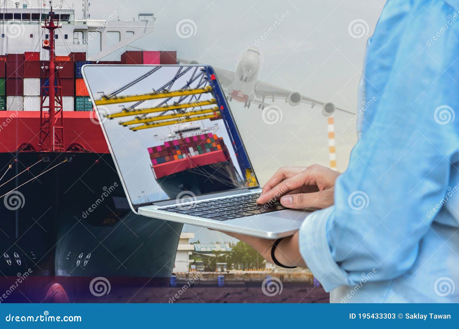 Workers with Computer Note Book in Port during Cargo Ship Loading Stock ...