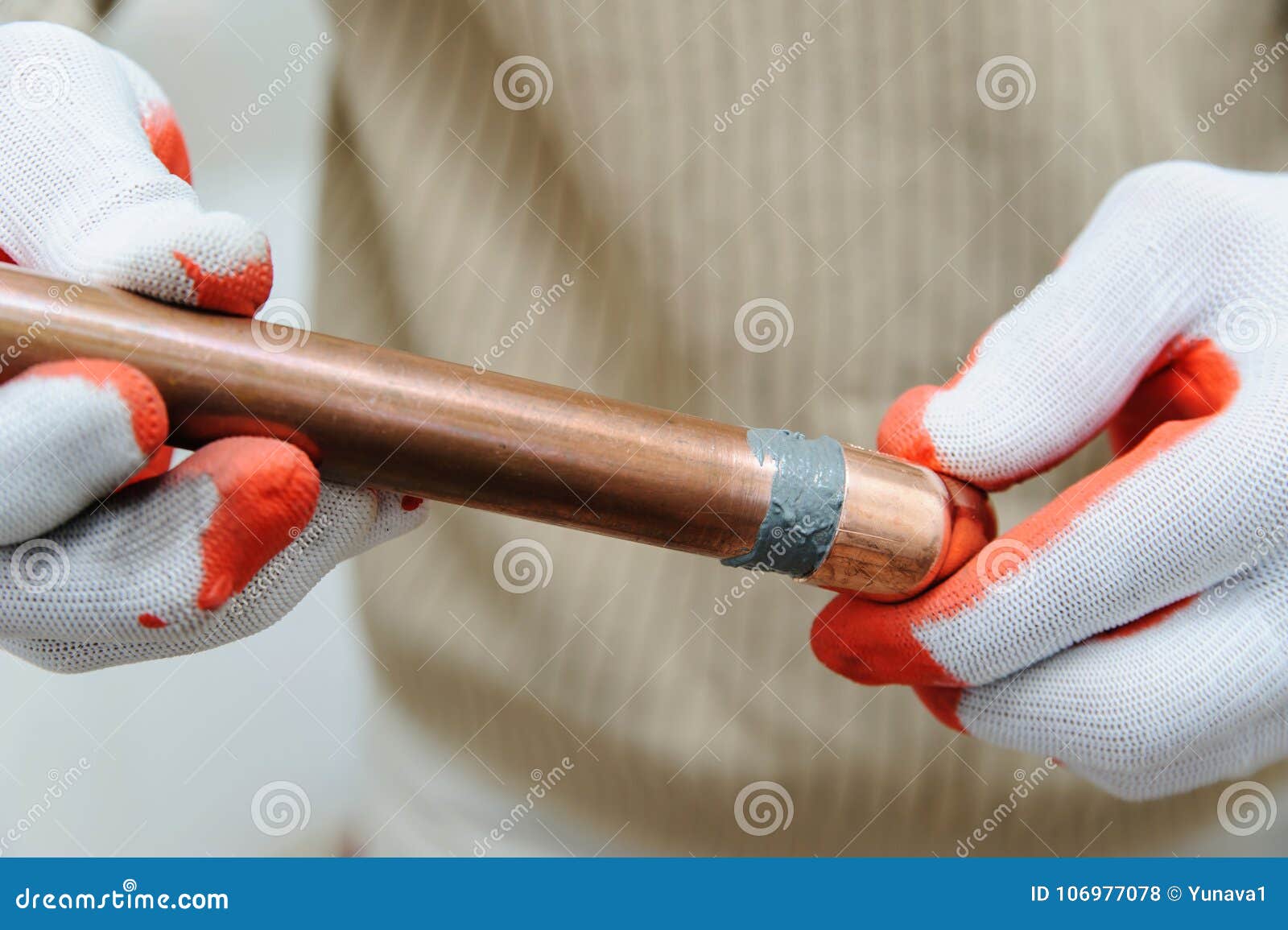 A Worker is Connecting Copper Pipes. Stock Photo - Image of adjustable ...