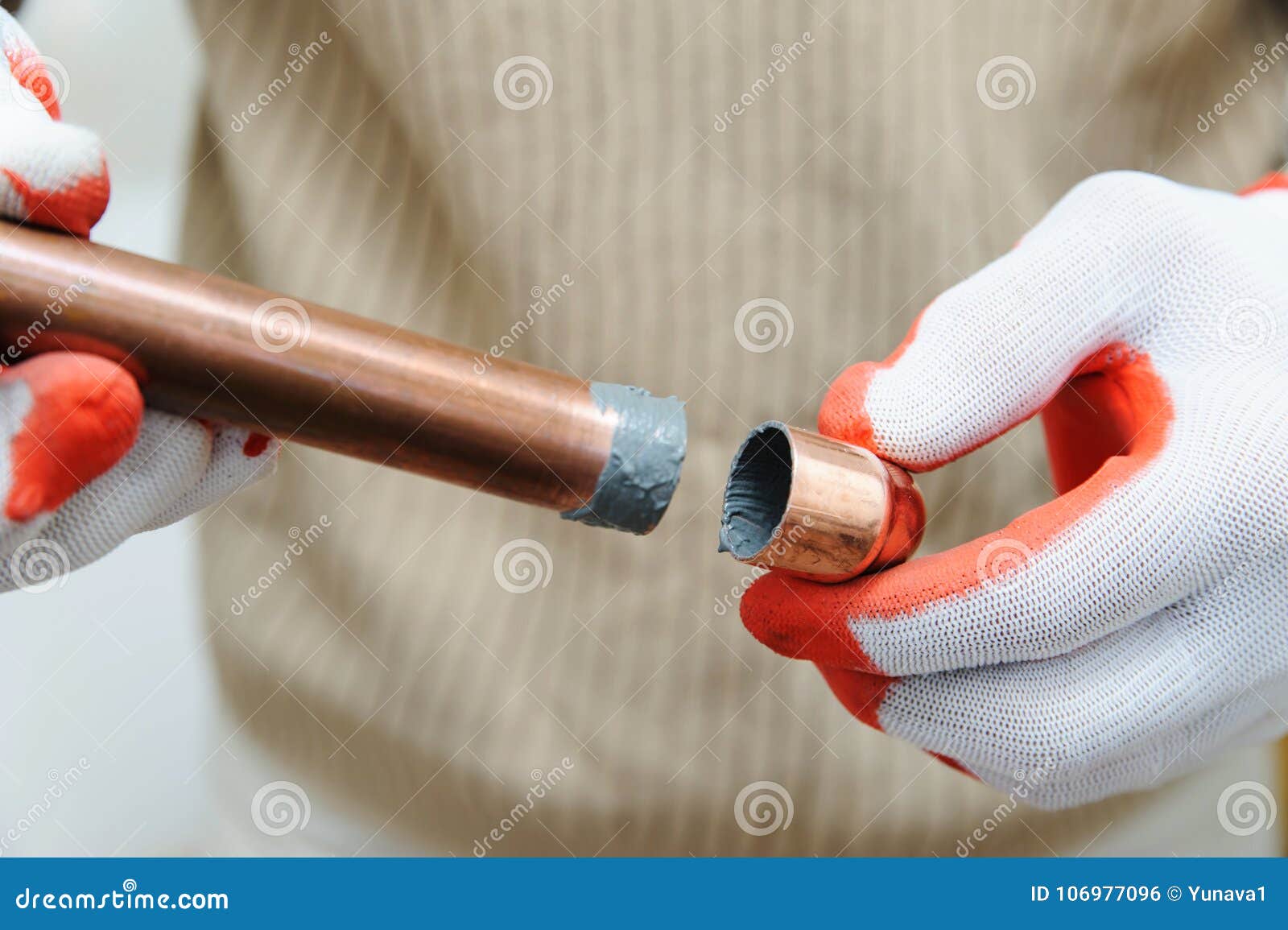 A Worker is Connecting Copper Pipes. Stock Photo - Image of system ...
