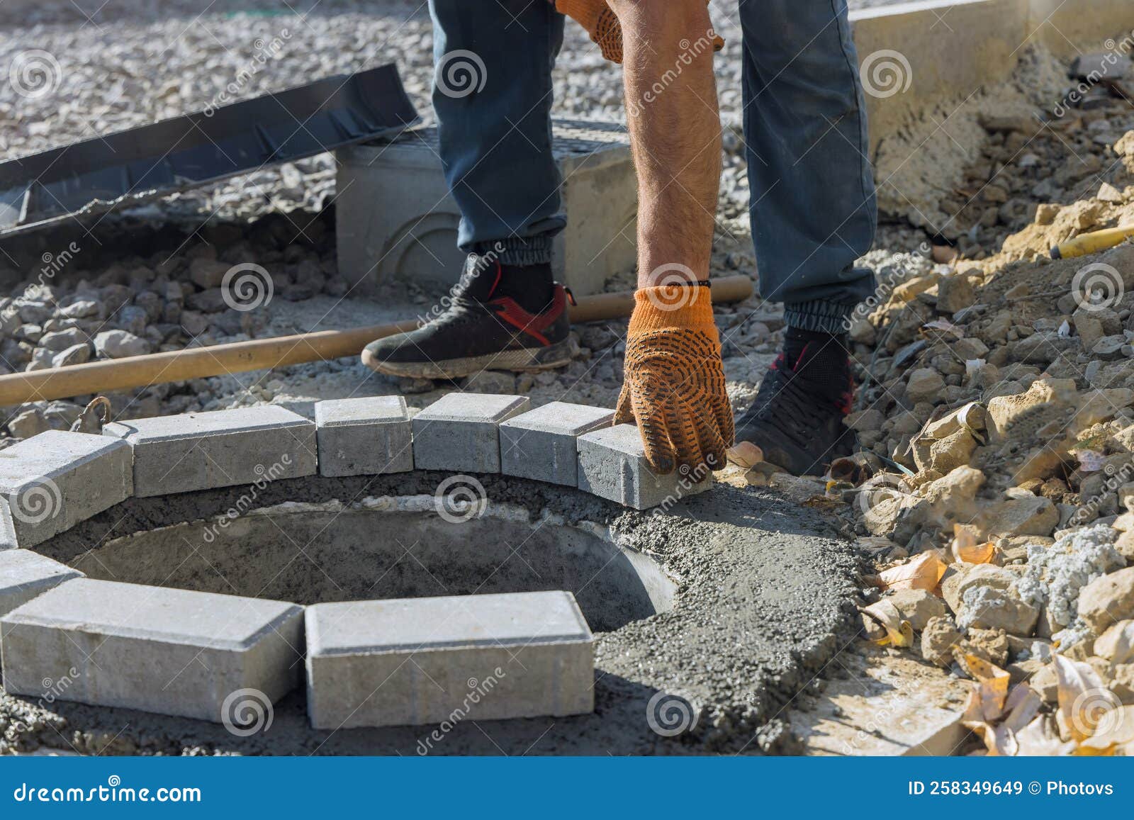 Worker Constructing a Pit for a Septic Tank Sewer Manhole ...