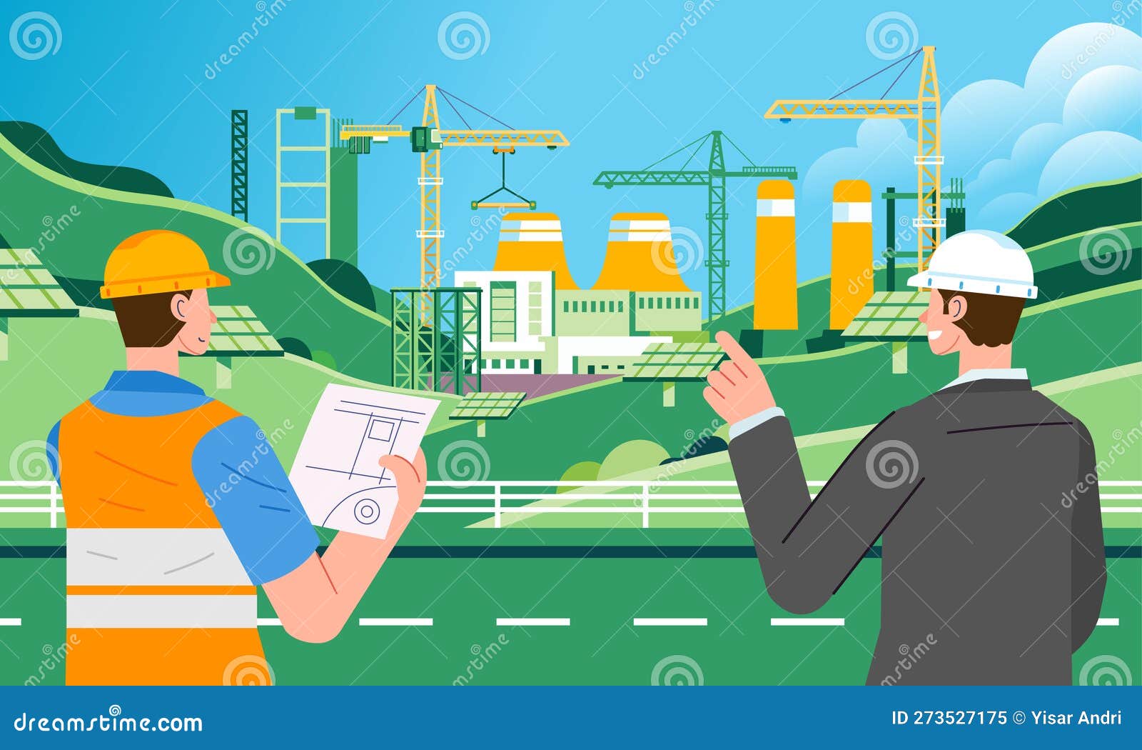 Worker Construction and Businessman Check Factory Solar Panel Site ...