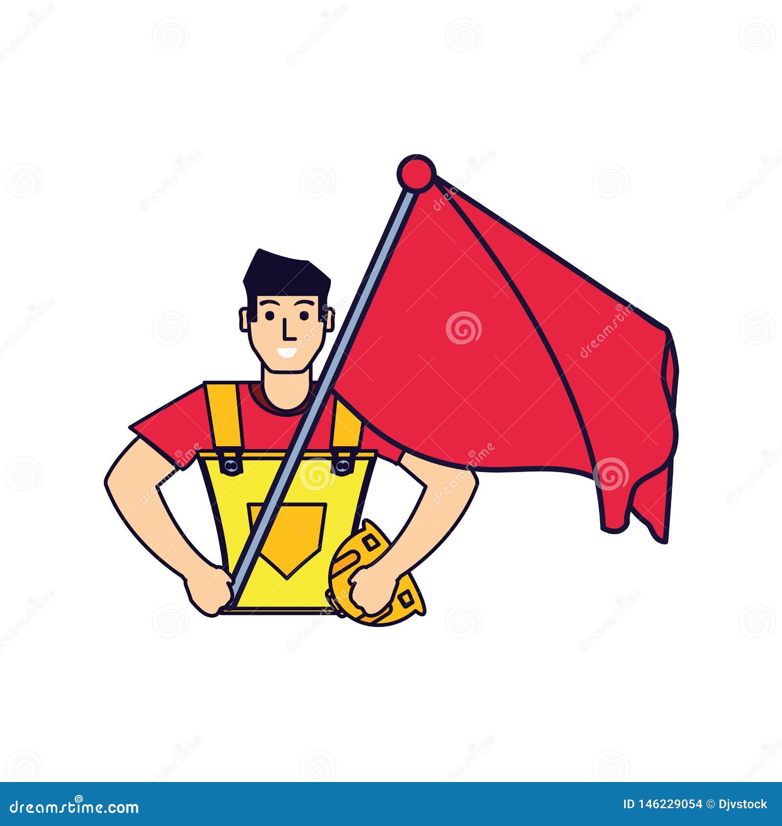 Worker Construction Man with Flag Stock Illustration - Illustration of ...