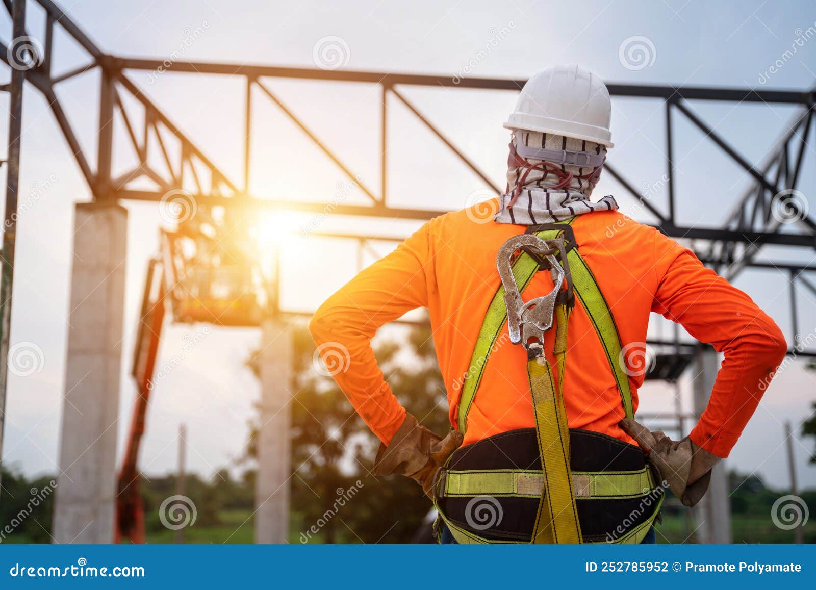 A Worker In Construction Site Working At Height Equipment. Fall ...