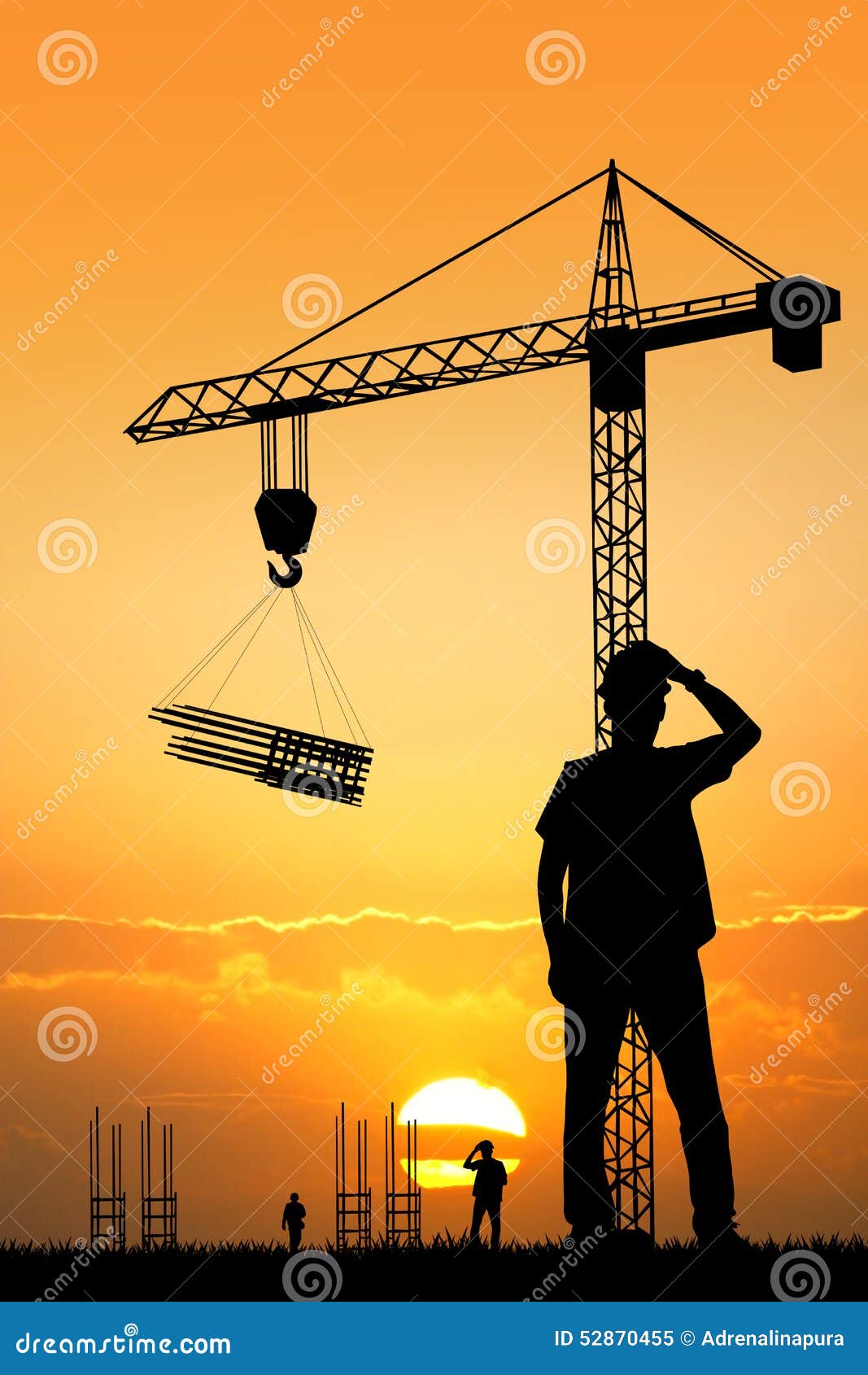Worker Construction at Sunset Stock Illustration - Illustration of ...