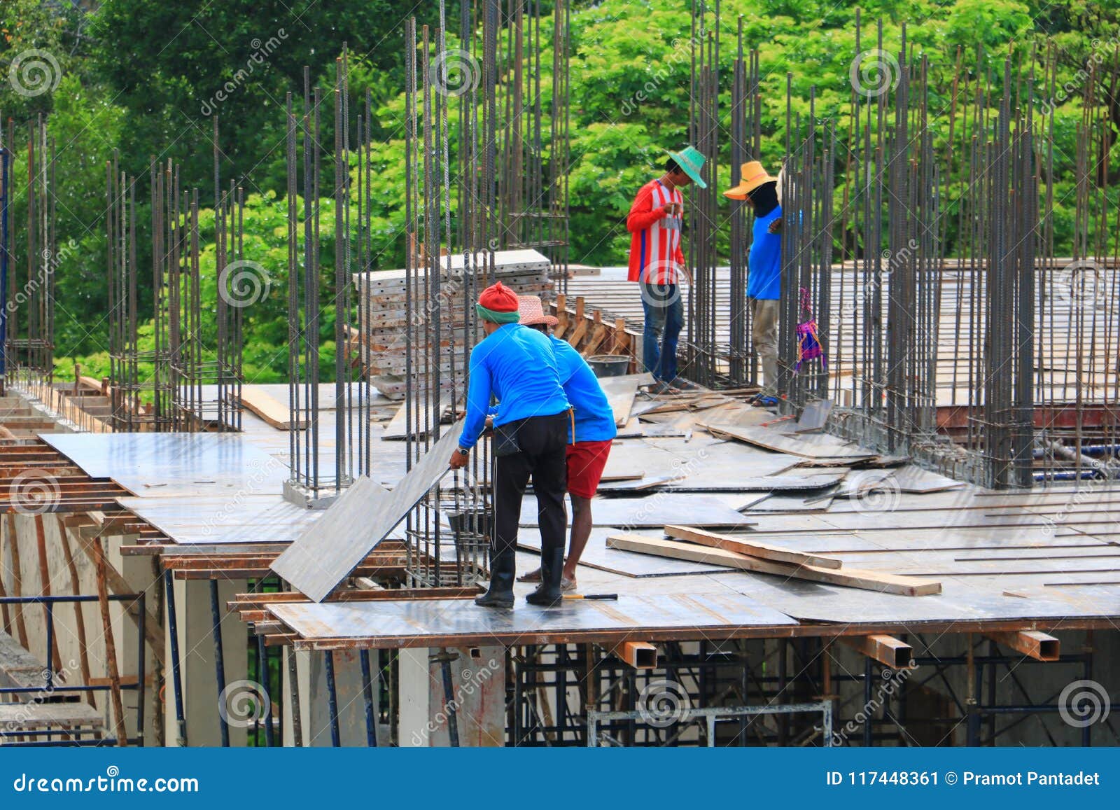 Worker Construction Team Working on High Ground Building Commercial in ...