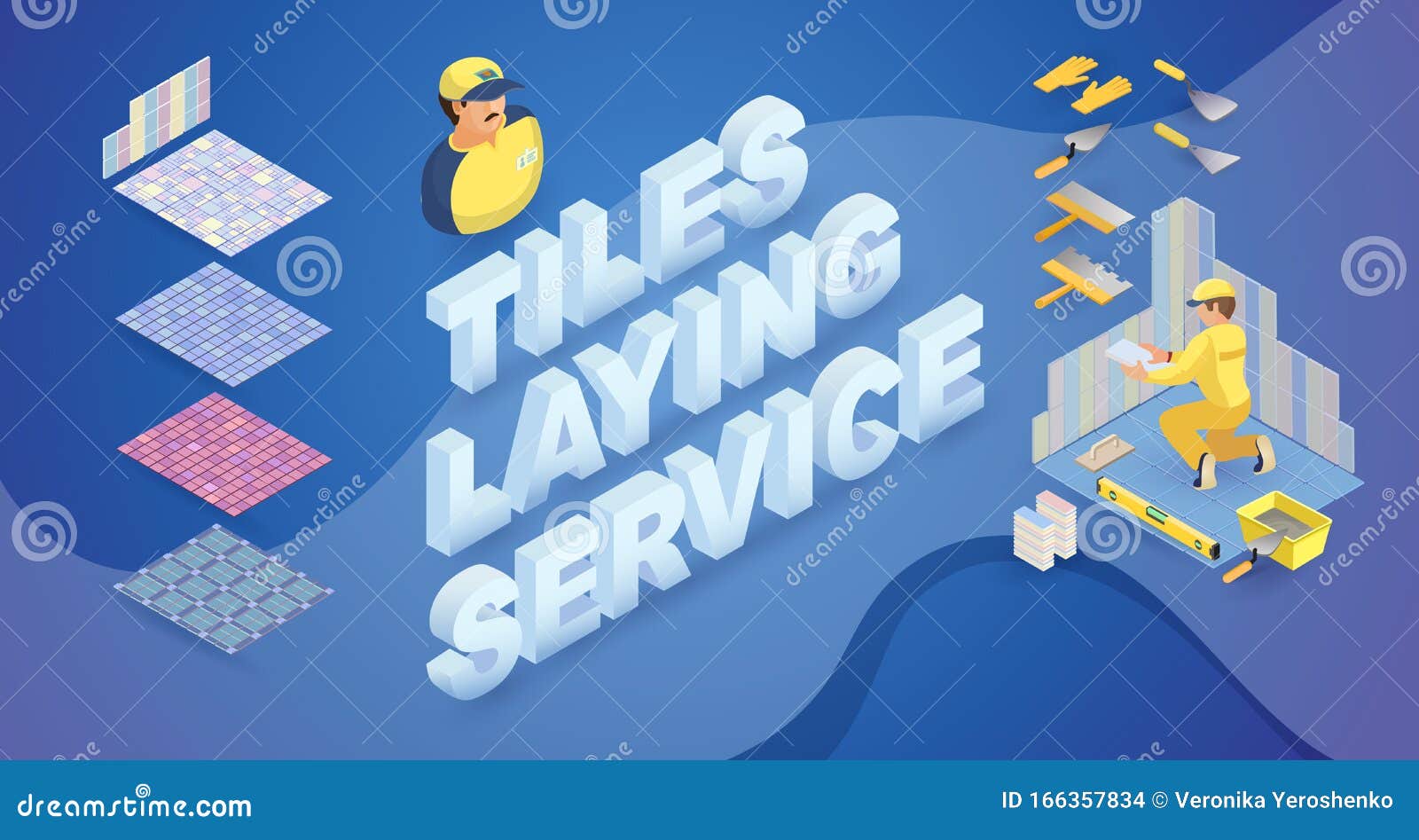 Worker, Construction Tools and Isometric Words Tiles Laying Service ...