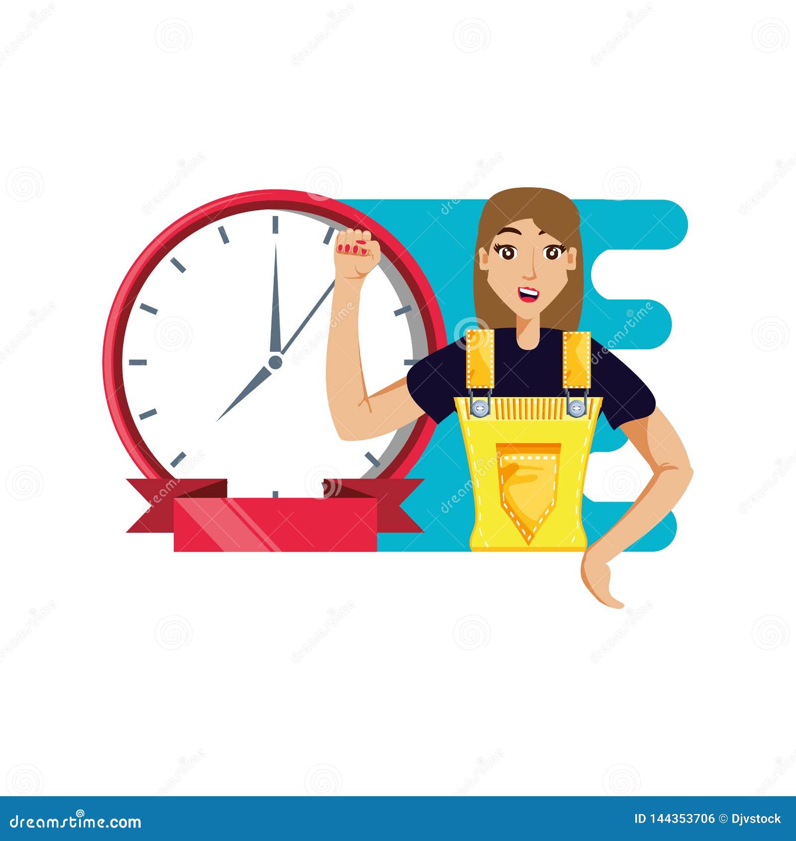 Worker Construction Woman with Clock Time Stock Illustration ...