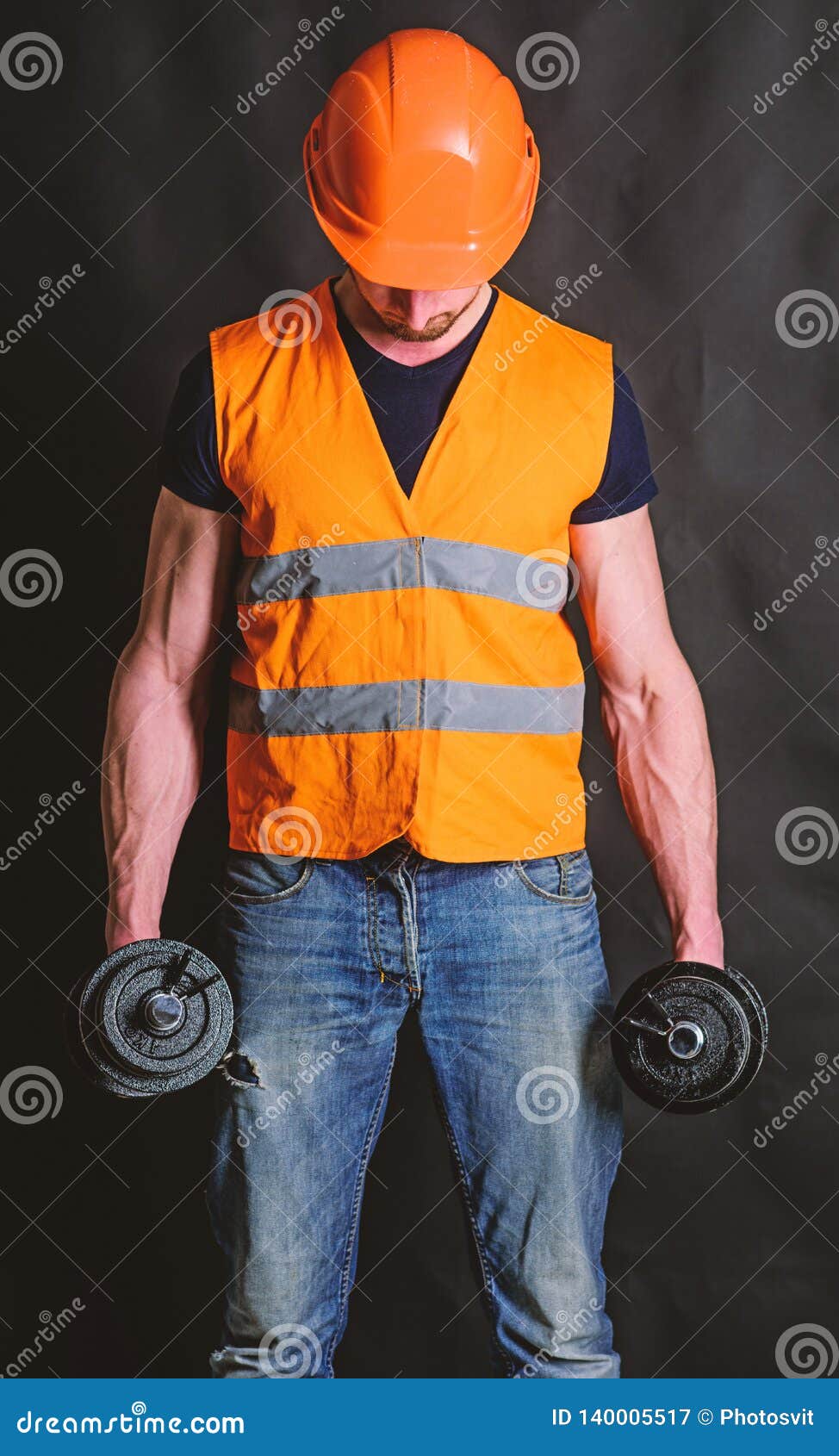 Worker, Contractor, Builder on Busy Face with Muscular Biceps. Strong ...