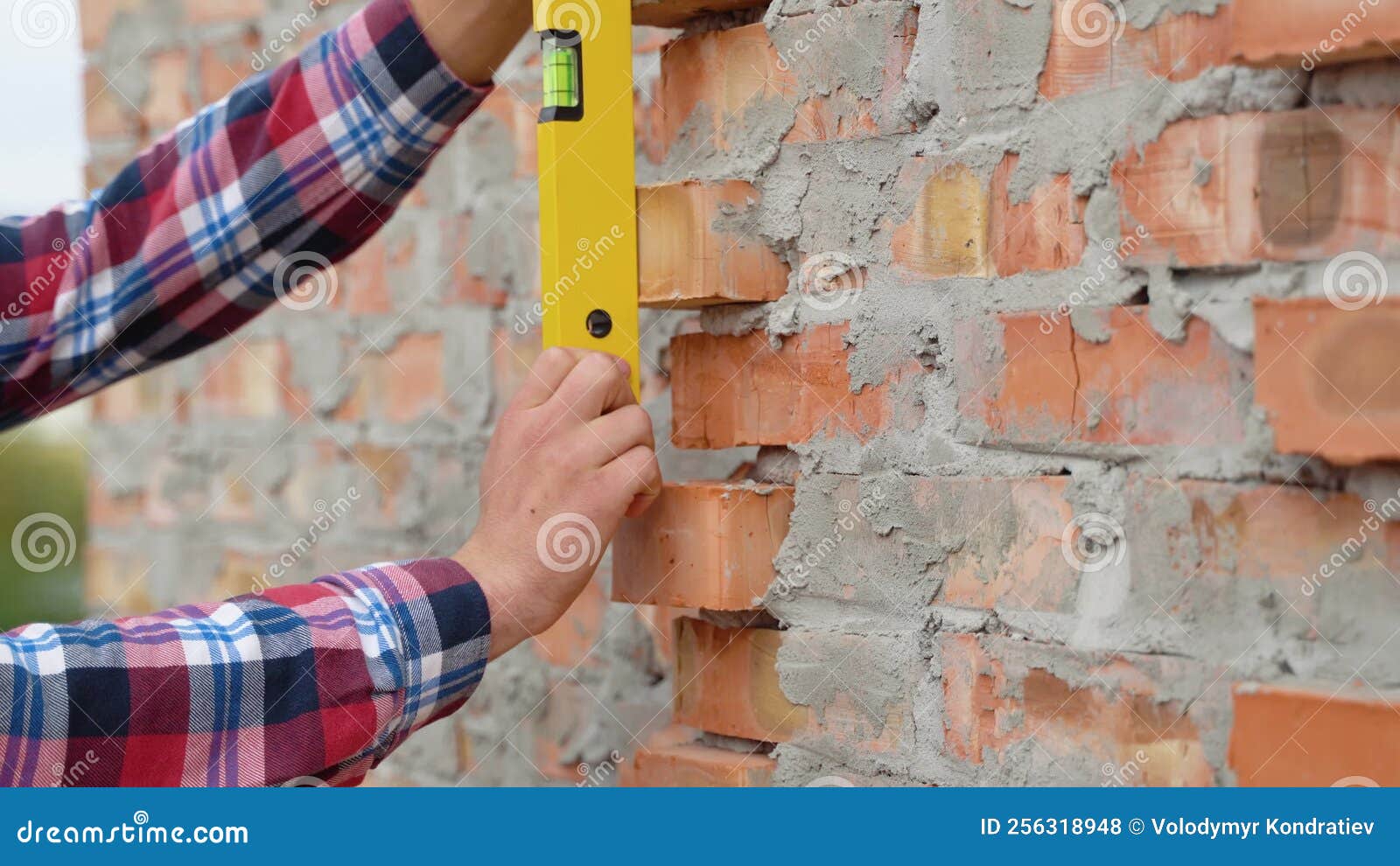 Worker Control Brick Wall Using Level Tool, Close Up Stock Footage ...
