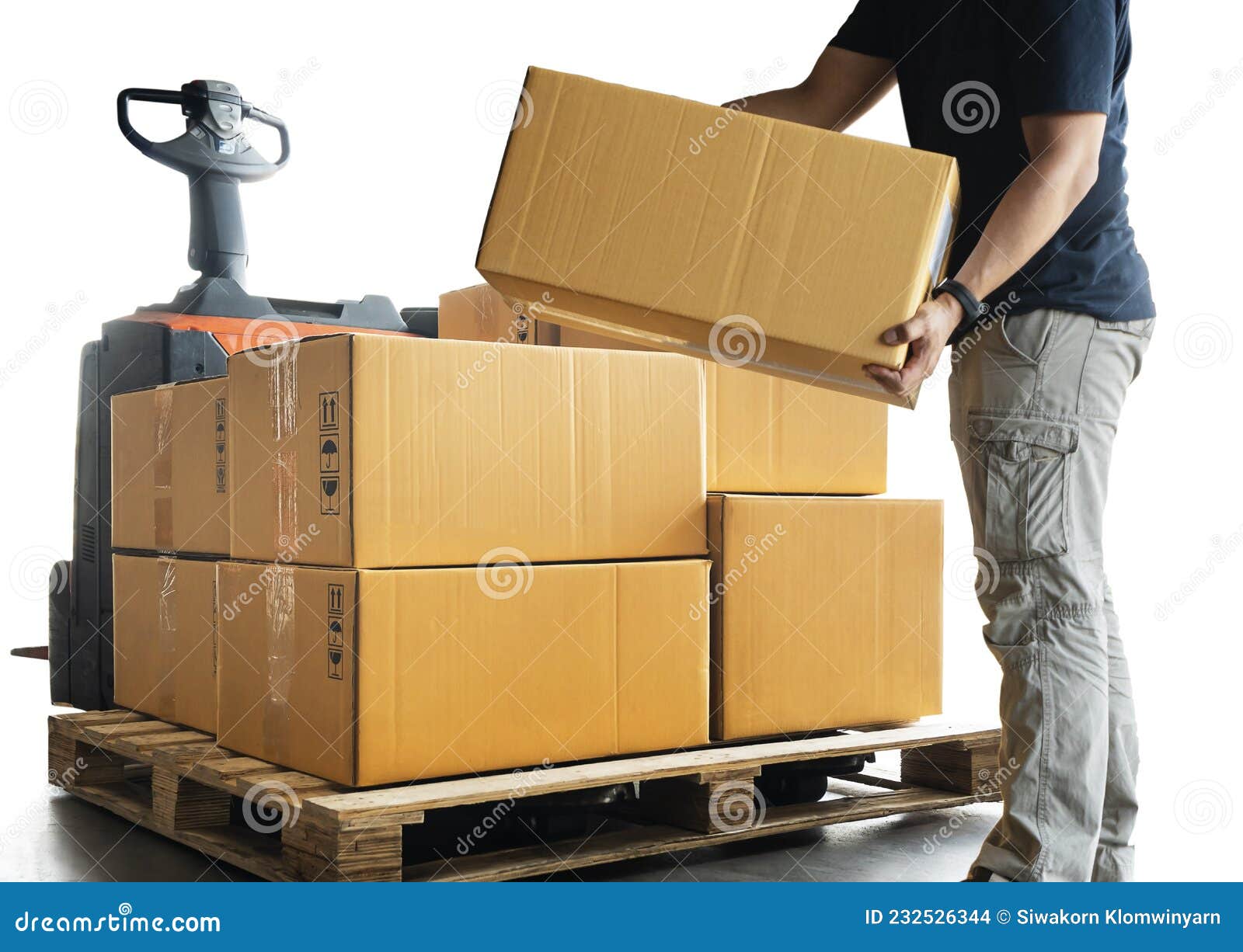 Worker Courier is Stacking Package Boxes on Pallet. Delivery Service ...