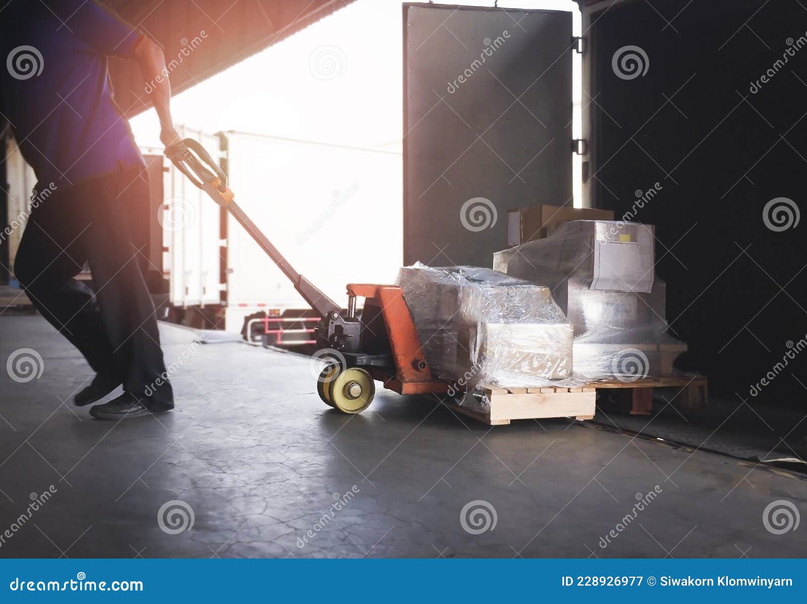 Worker Courier Unloading Package Boxes from Cargo Container. Delivery ...