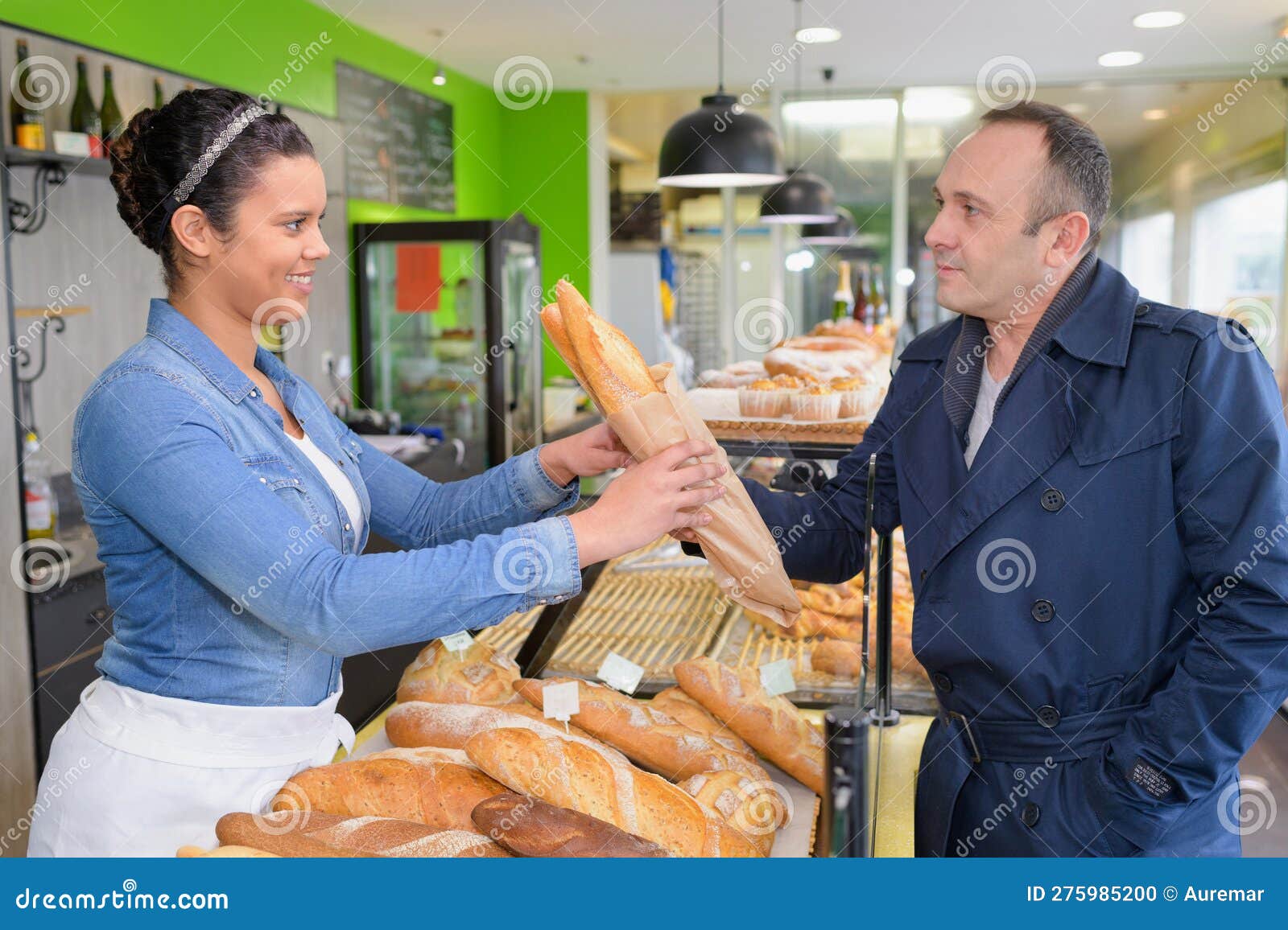 Worker and Customer in Supermarket Bakery Stock Photo - Image of drink ...