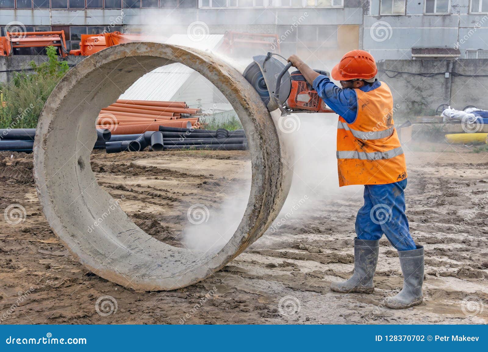 Worker Cuts the Concrete Ring Stock Photo - Image of building, angular ...