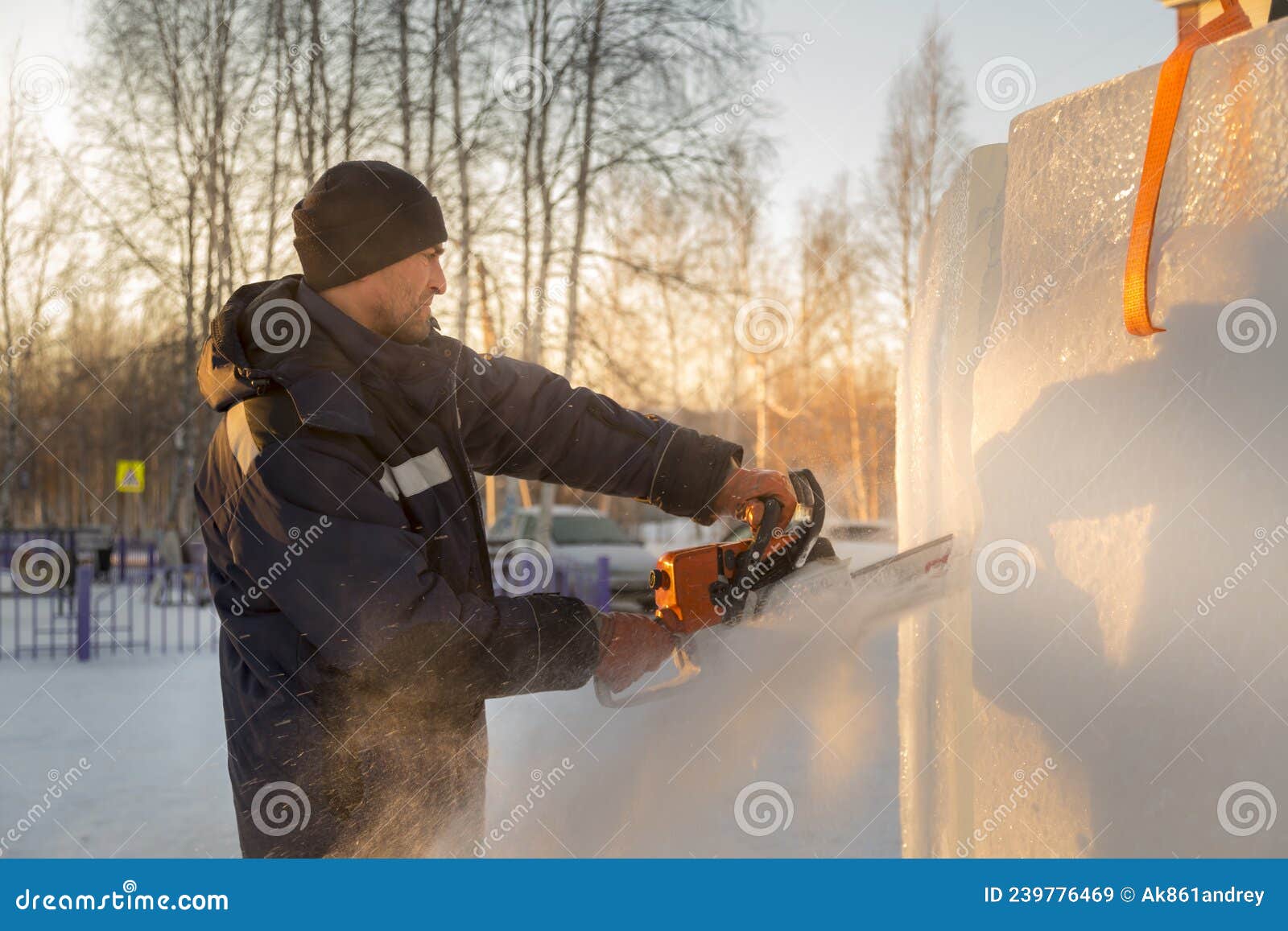 Worker Cuts Ice Panel with Gasoline Saw Stock Image - Image of flooring ...