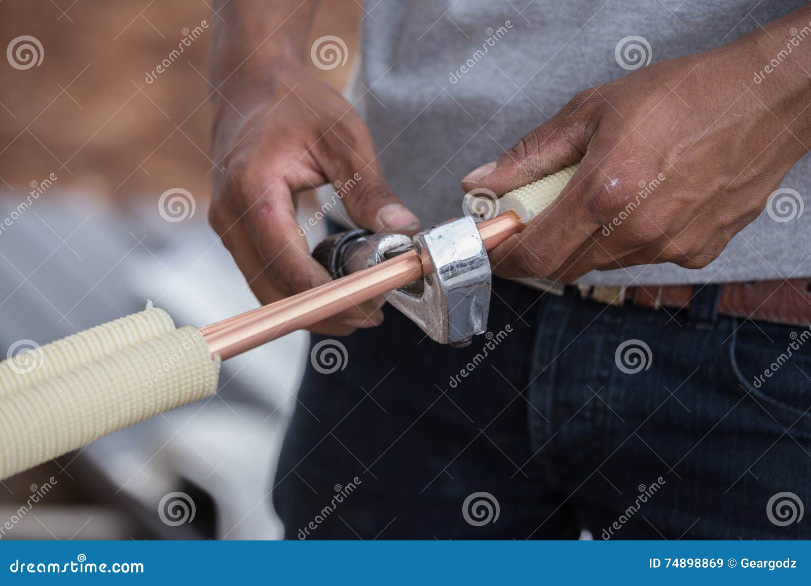 Worker Cutting Copper Pipe of Air Conditioner Stock Image - Image of ...