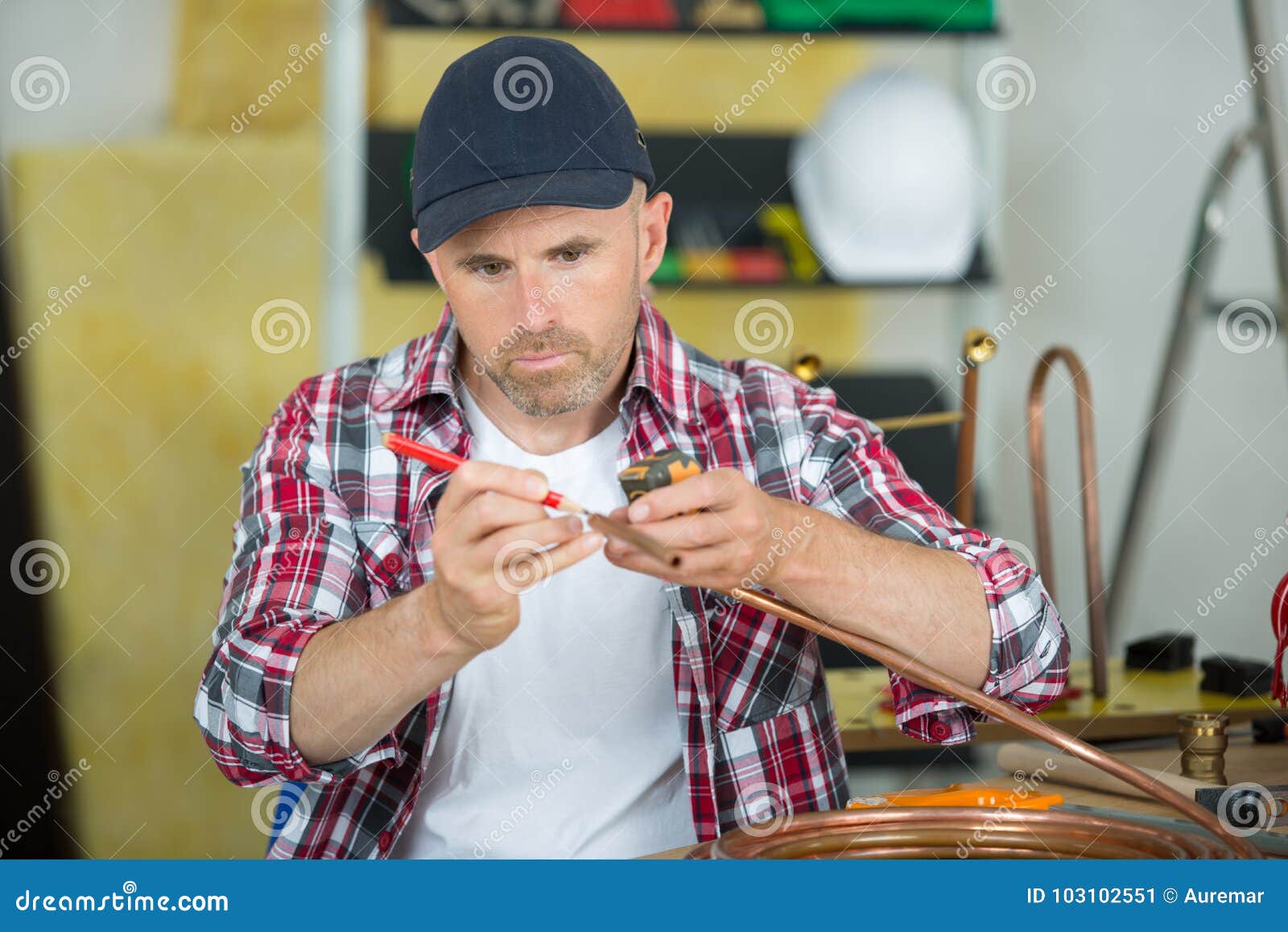 Worker Cutting Copper Pipe Air Conditioner Stock Image - Image of ...