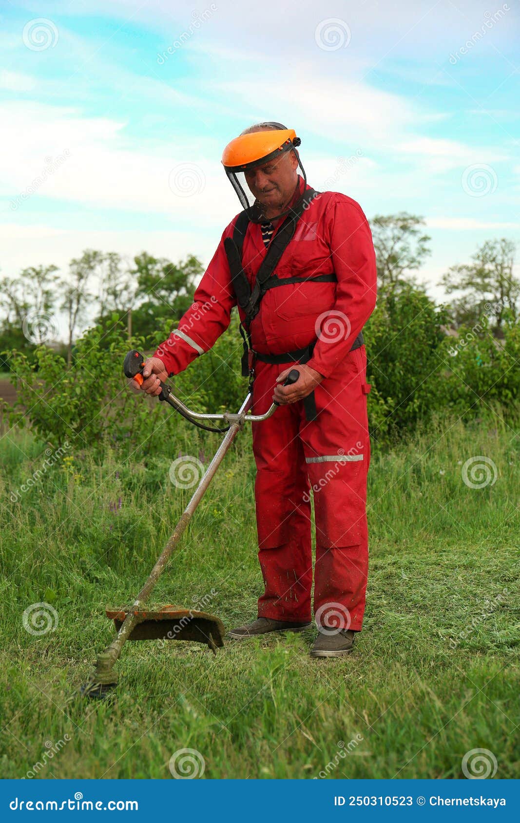 Worker Cutting Grass with String Trimmer Outdoors Stock Image - Image ...