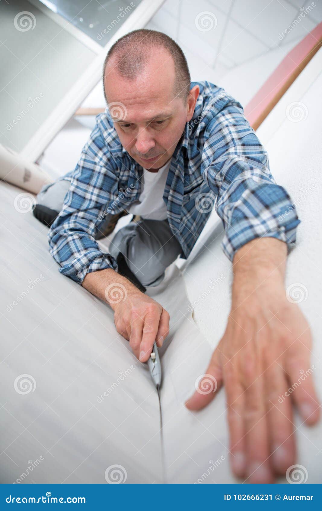 Worker Cutting Laminate on Corner Stock Image - Image of install ...