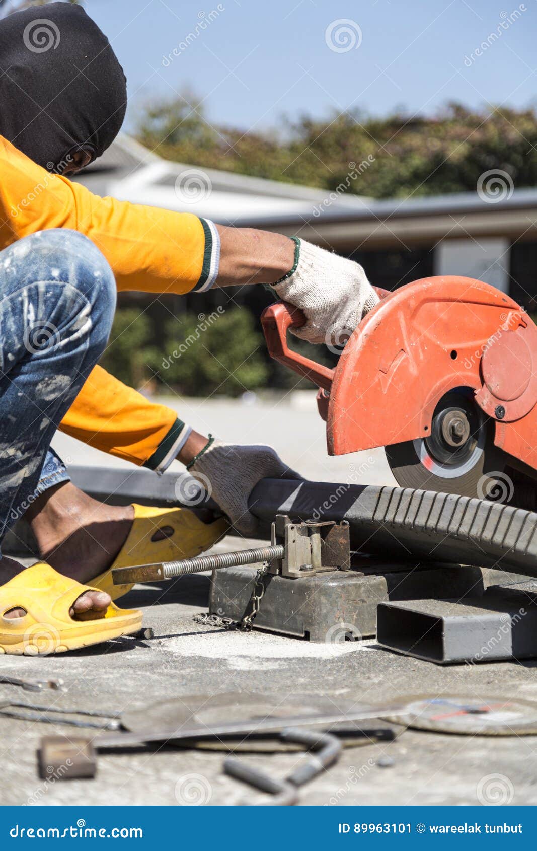 Worker Cutting Metal with Unsafety Position Stock Image - Image of ...