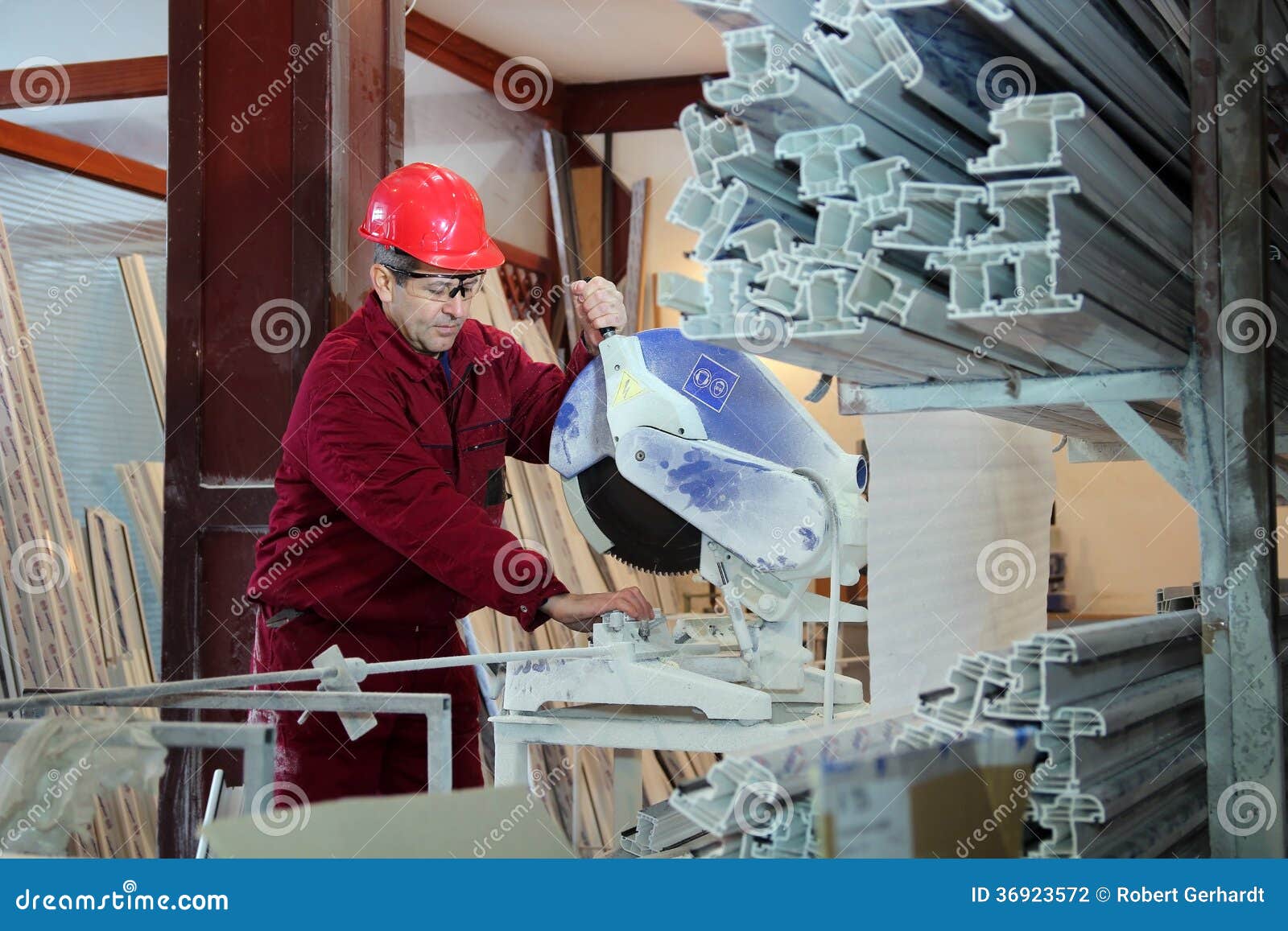 Worker Cutting PVC Profile with Circular Saw Stock Photo - Image of ...