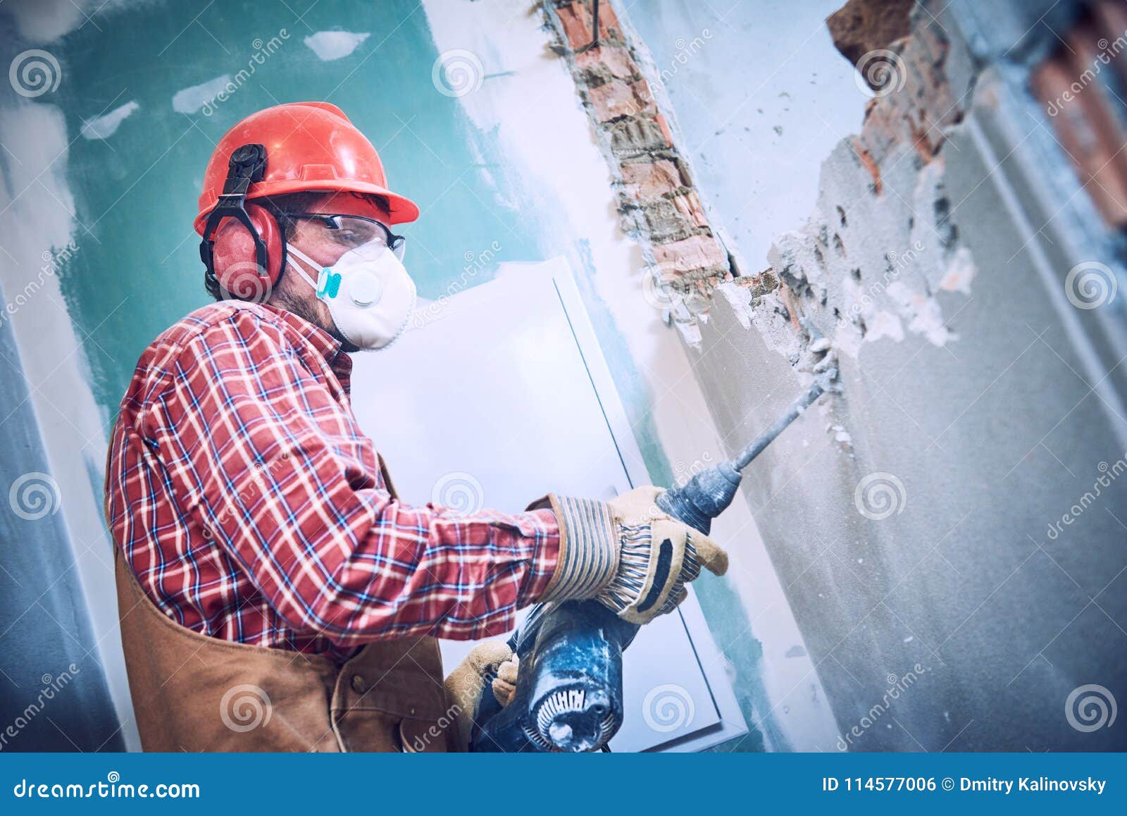 Worker with Demolition Hammer Breaking Interior Wall Stock Photo ...