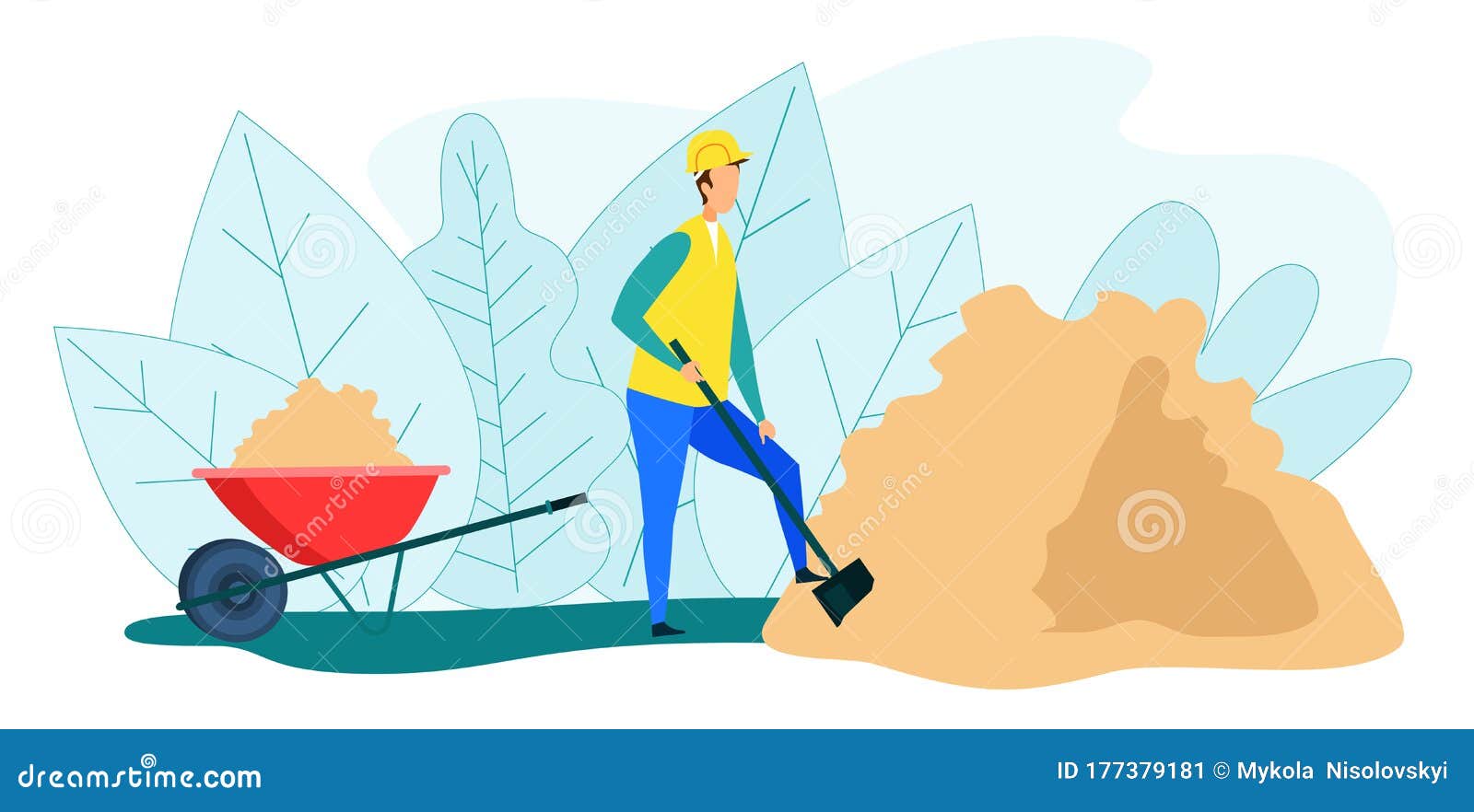 Worker Digging Pile of Sand Put To Wheelbarrow Stock Vector ...