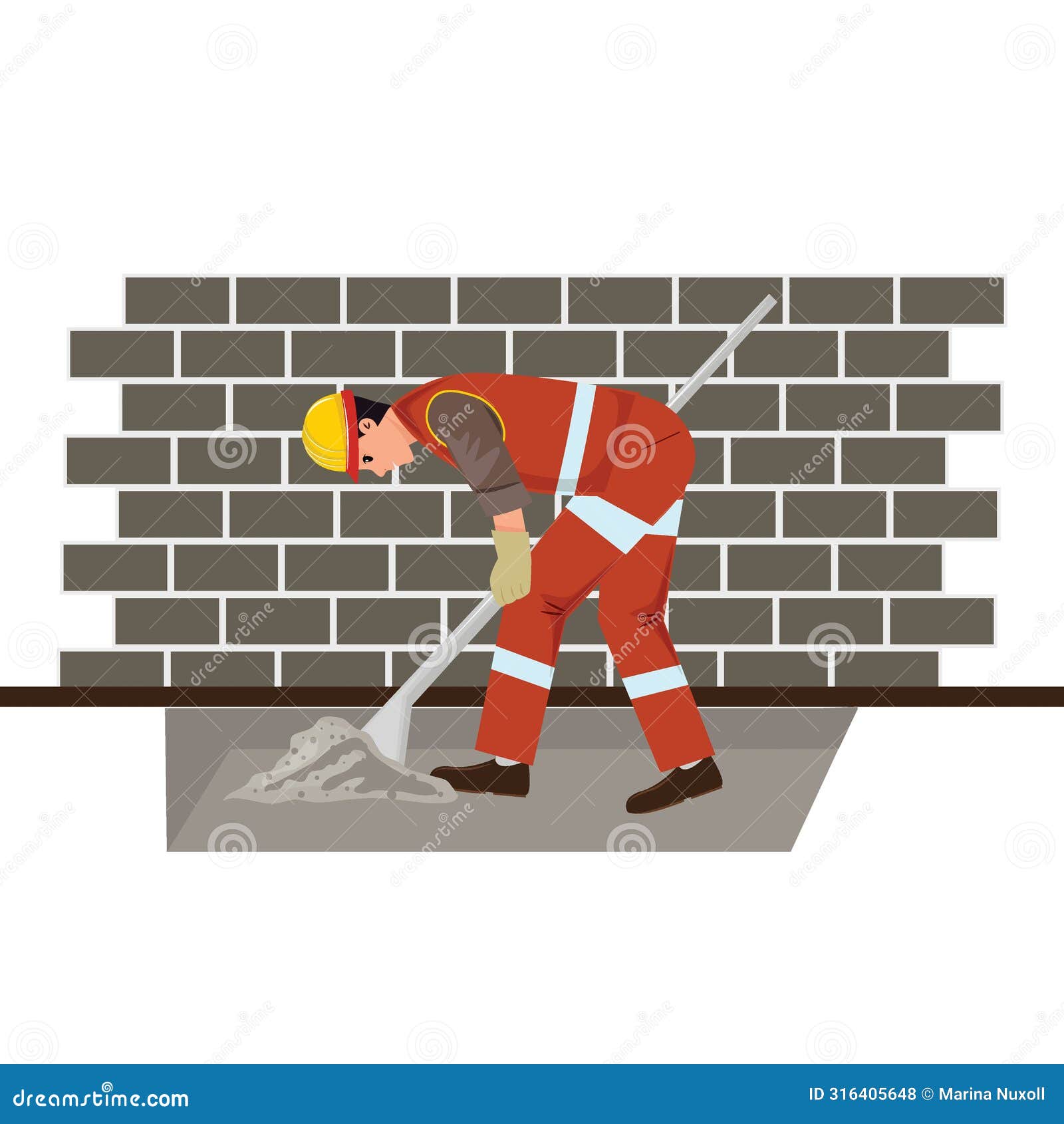 Worker Digging with a Shovel Next To the Brick Wall. Construction ...