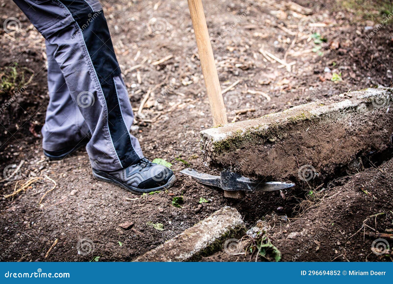 Worker Digs Out a Kerbstone with the Help of a Pickaxe Stock Photo ...