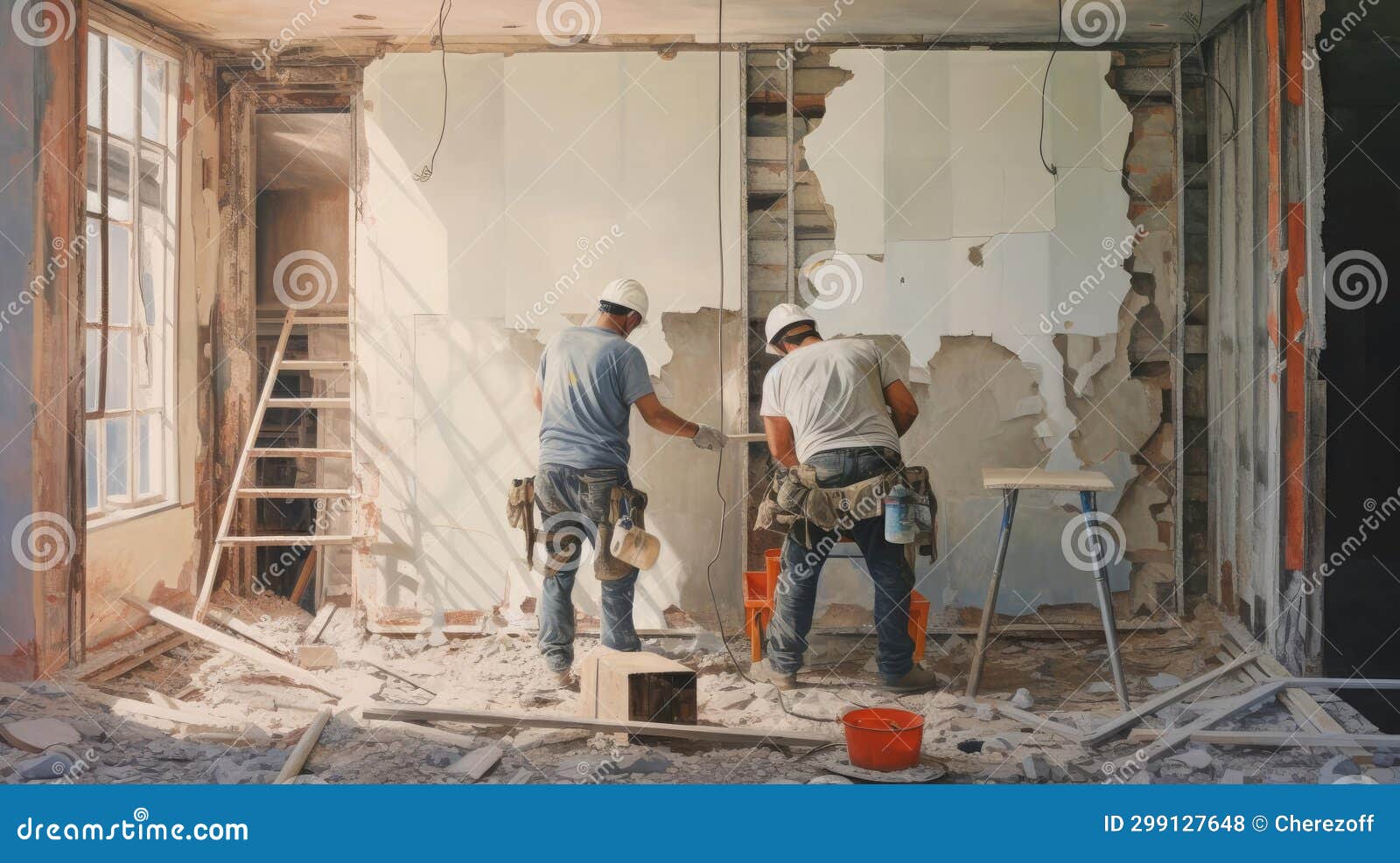 Worker doing wall repairs stock photo. Image of building - 299127648