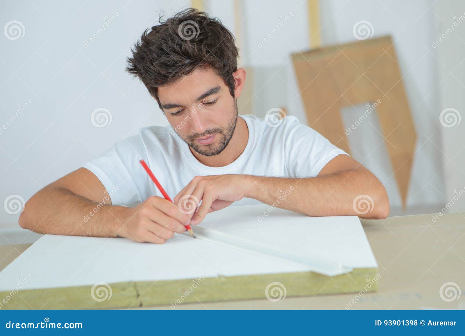 Worker Drawing Mark on Laminate Using Ruler Stock Photo - Image of ...