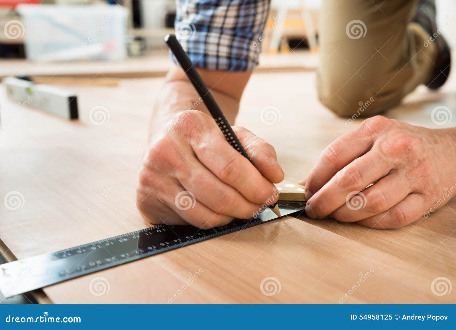 Worker Drawing a Mark on Laminate Using Ruler Stock Image - Image of ...