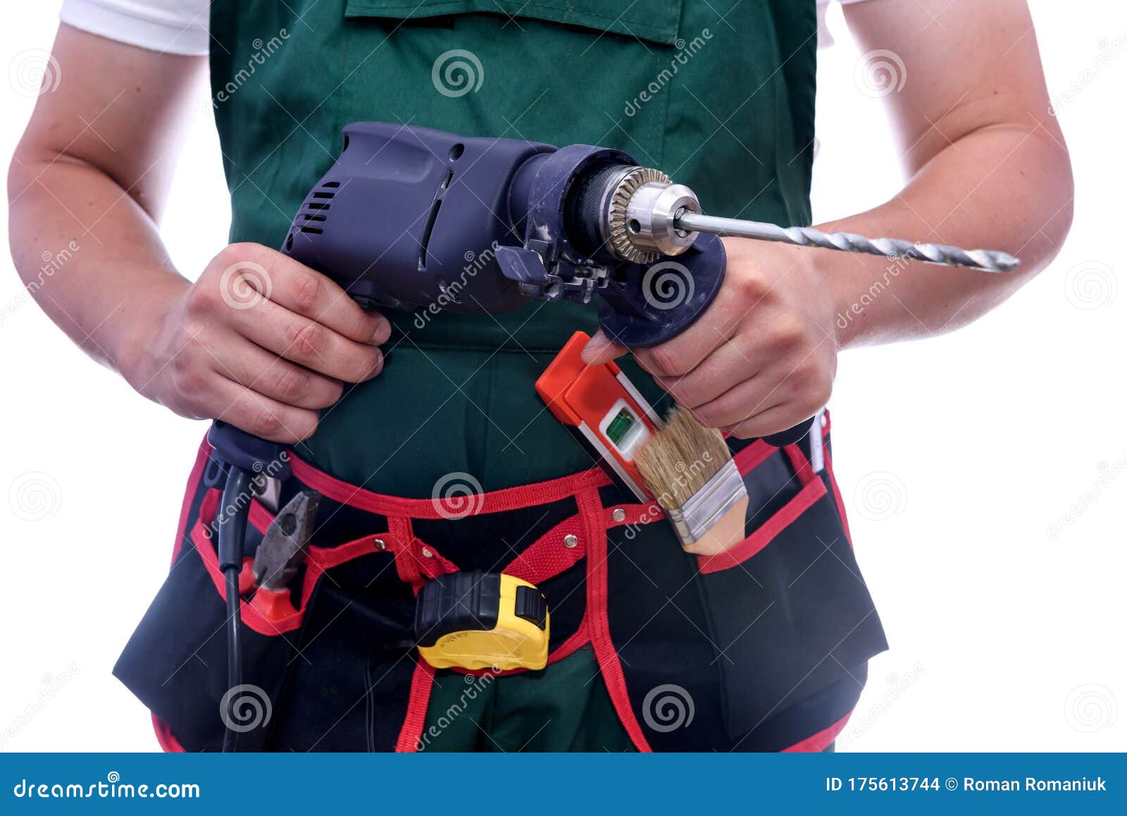 Worker with Drill Machine and Supplies Isolated on White Stock Photo ...