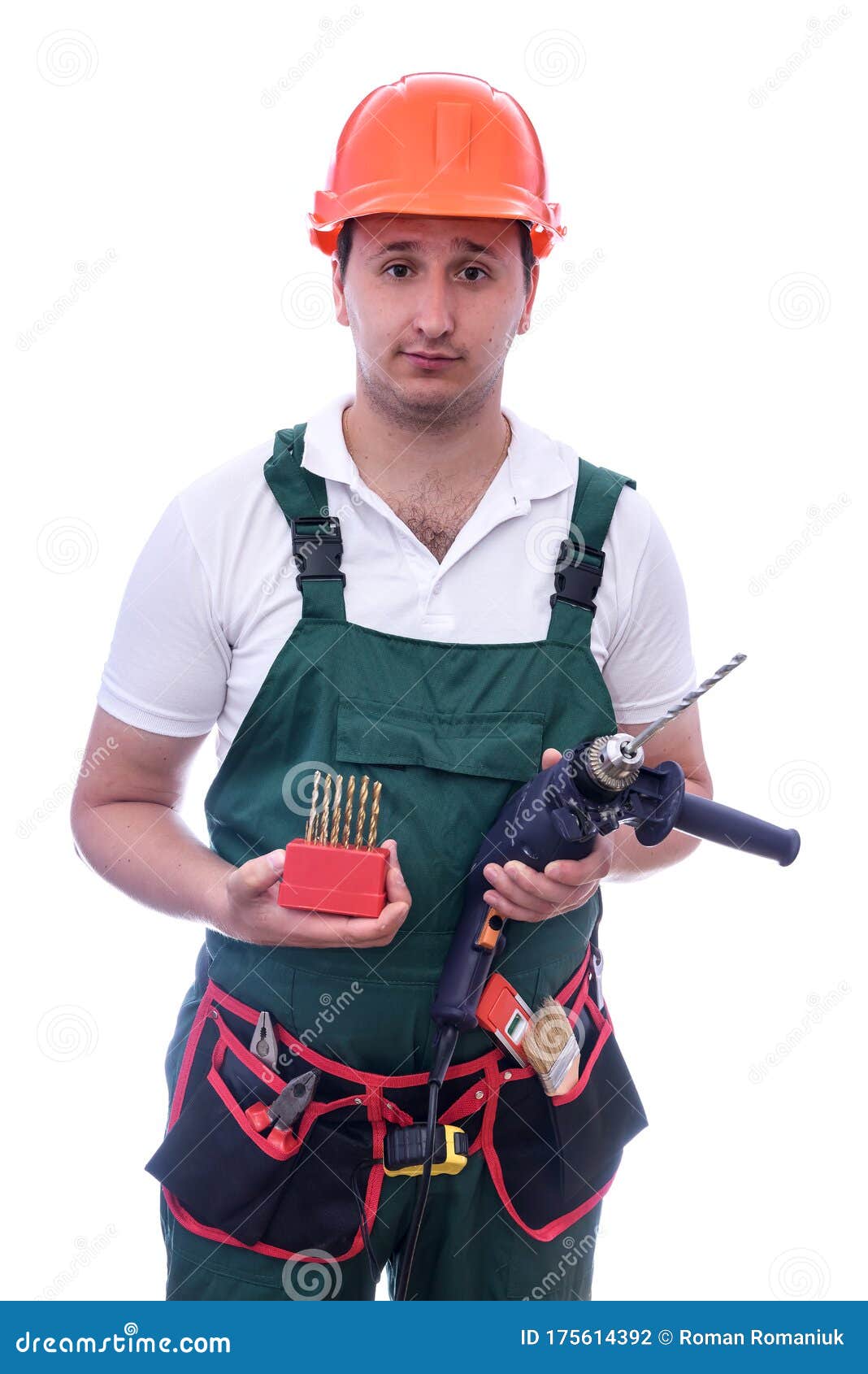 Worker with Drill Machine and Supplies Isolated on White Stock Photo ...