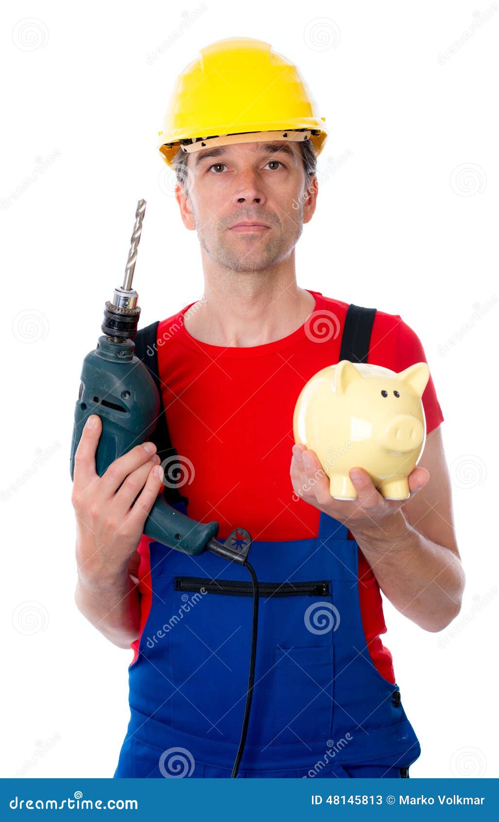 Worker with Drill and Piggy Bank Stock Image - Image of cost ...