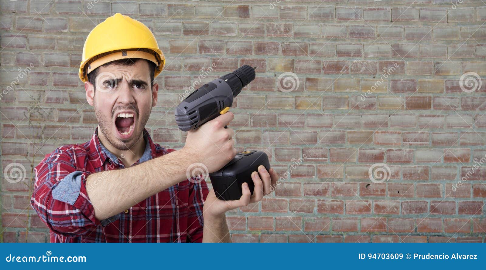 Worker with Drill Screaming Stock Image - Image of angry, yellow: 94703609
