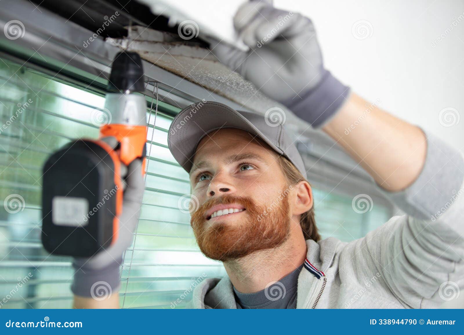 Worker Drilling Ceiling for Curtain Rail Stock Photo - Image of tool ...