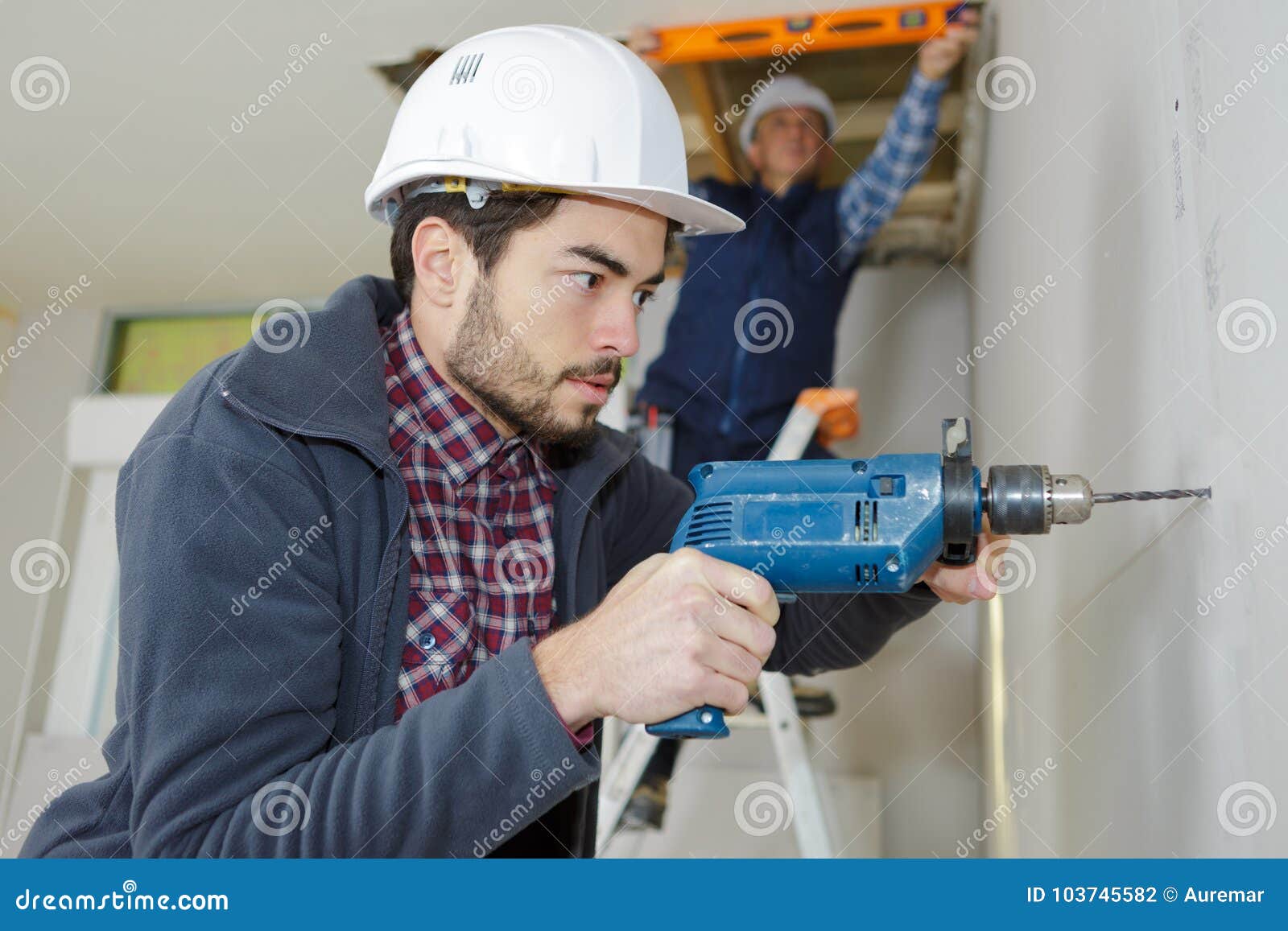 Worker Drilling Cement Wall Stock Photo - Image of drilling, craftsman ...