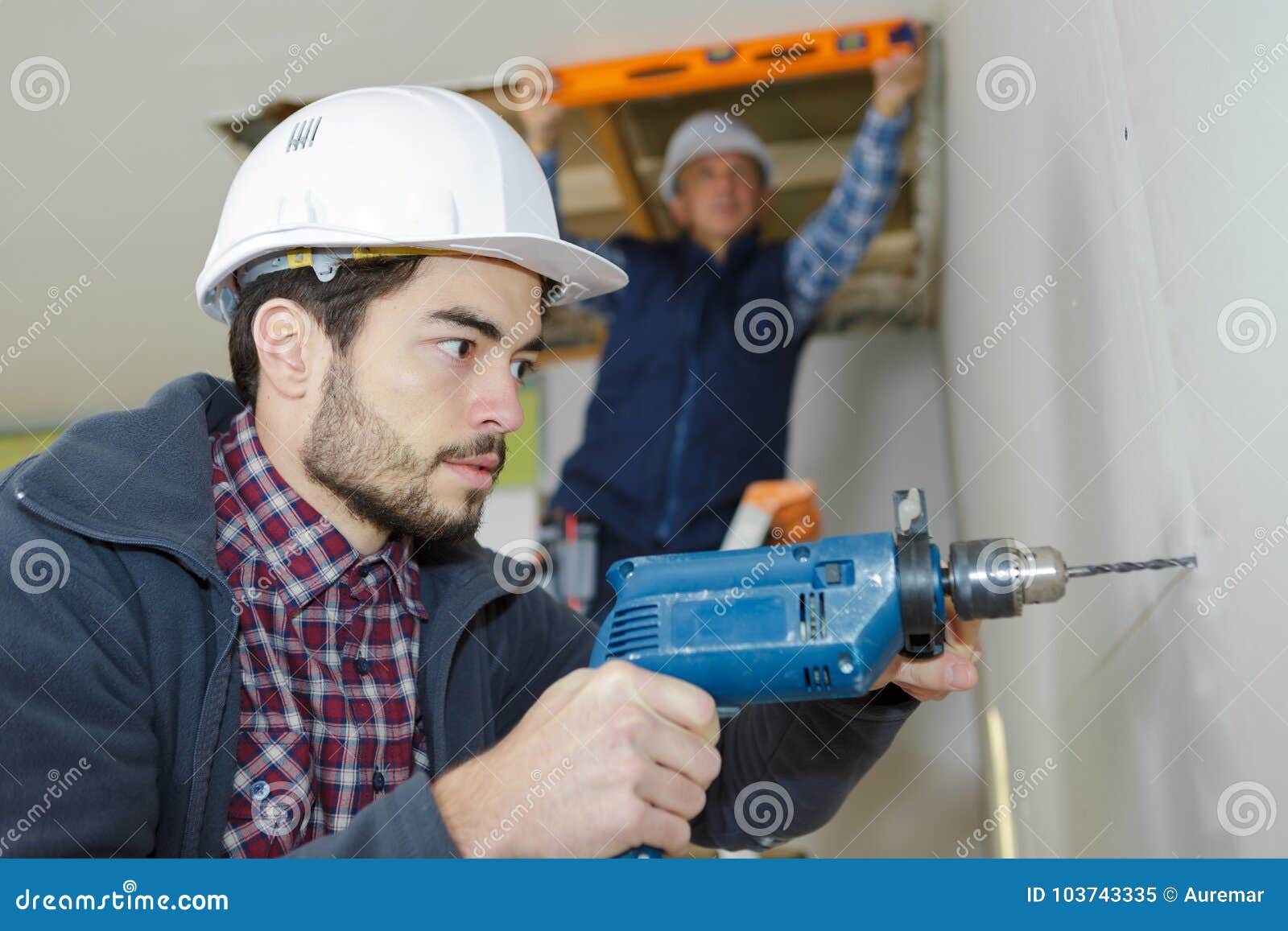 Worker Drilling Concrete Wall Construction Site Stock Image - Image of ...