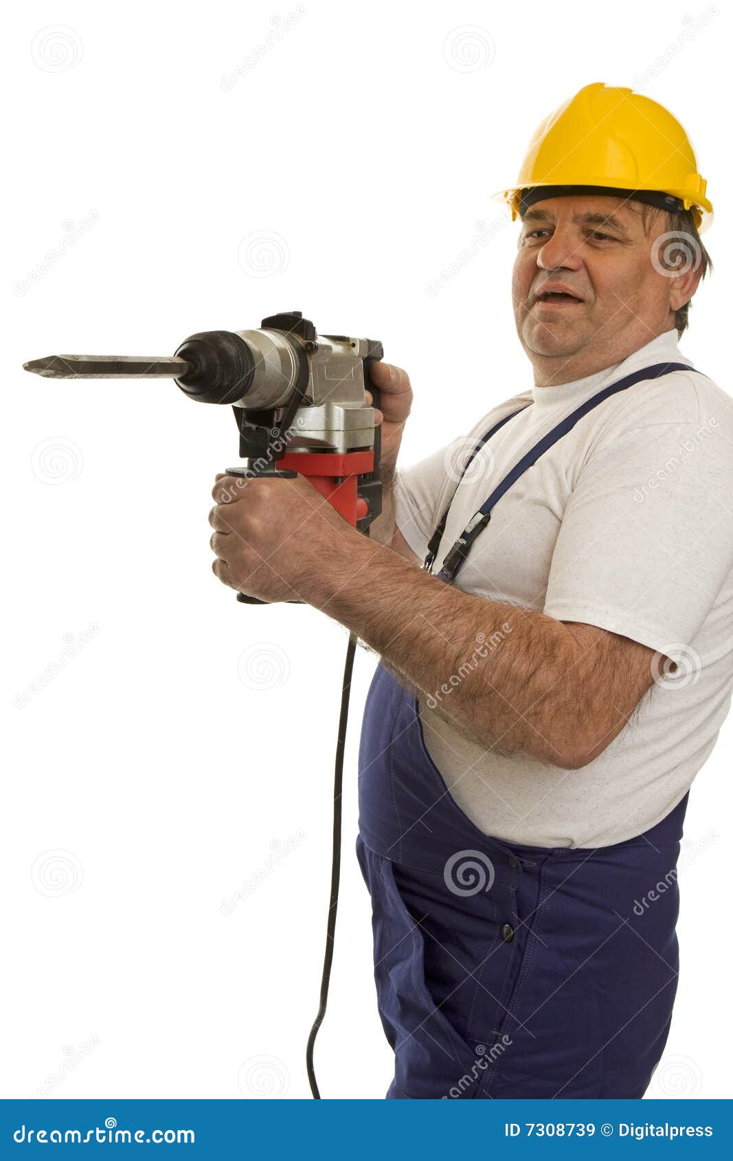 Worker with Drilling Machine and Safety Helmet Stock Image - Image of ...