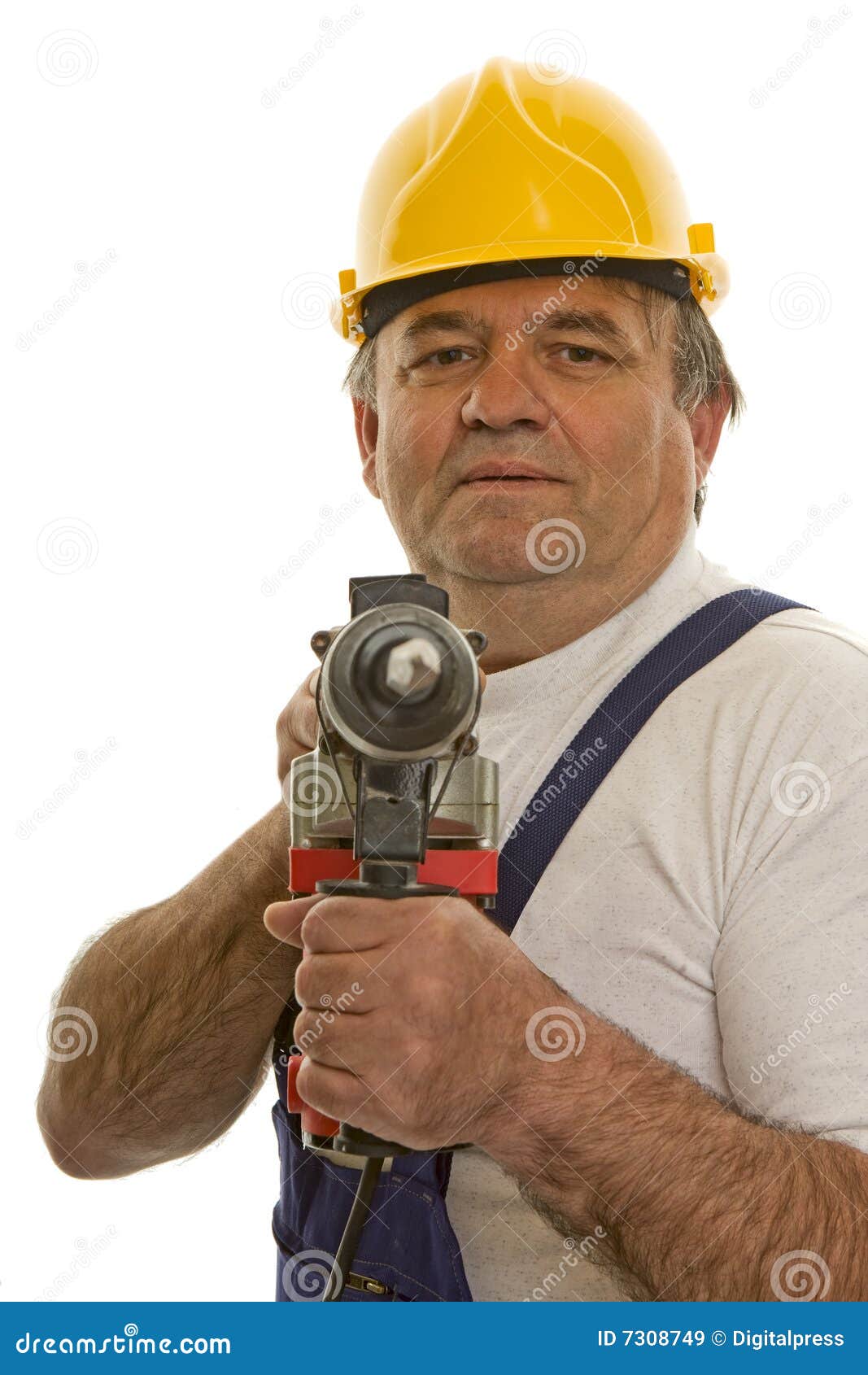 Worker with Drilling Machine and Safety Helmet Stock Image - Image of ...