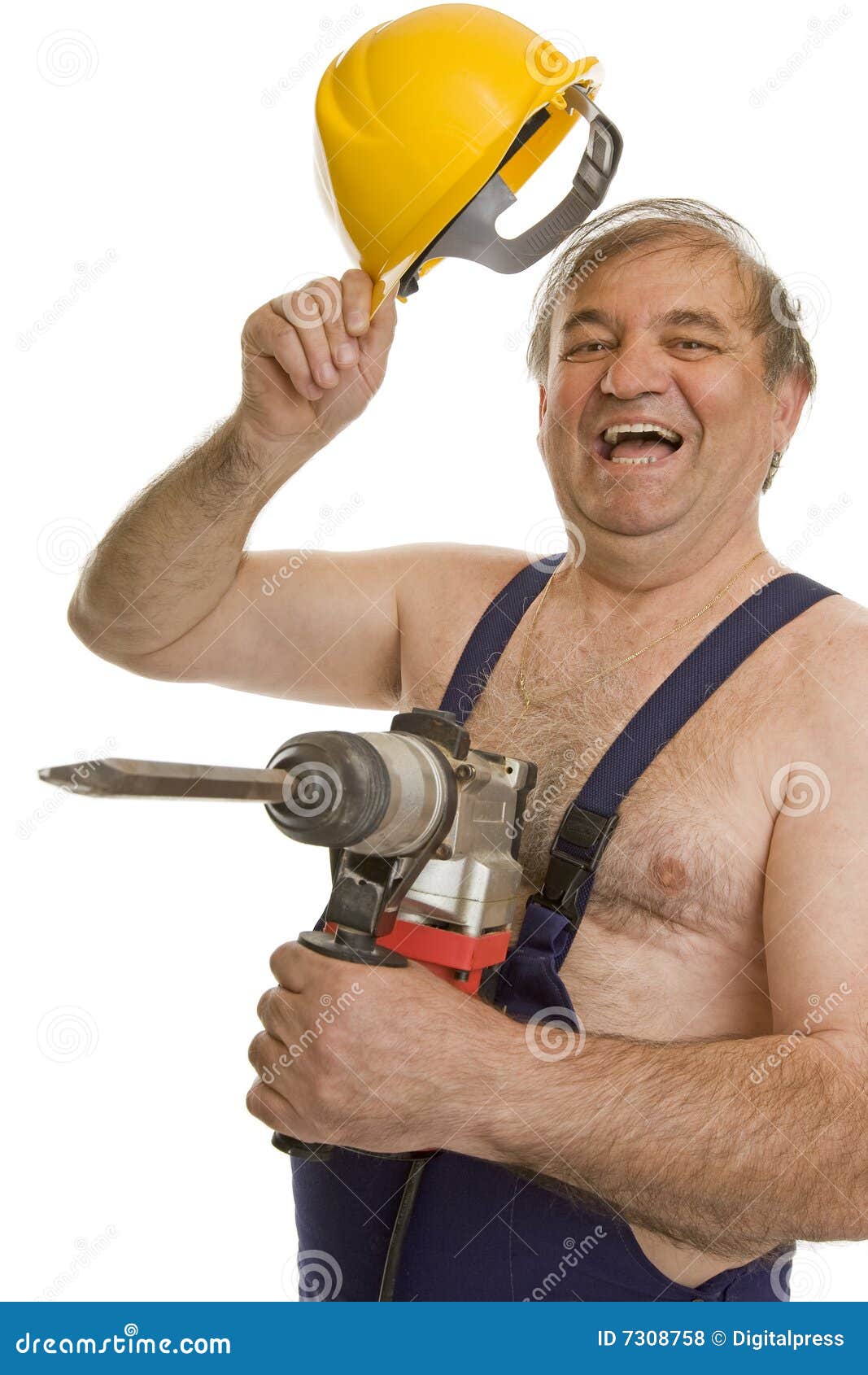 Worker with Drilling Machine and Safety Helmet Stock Photo - Image of ...