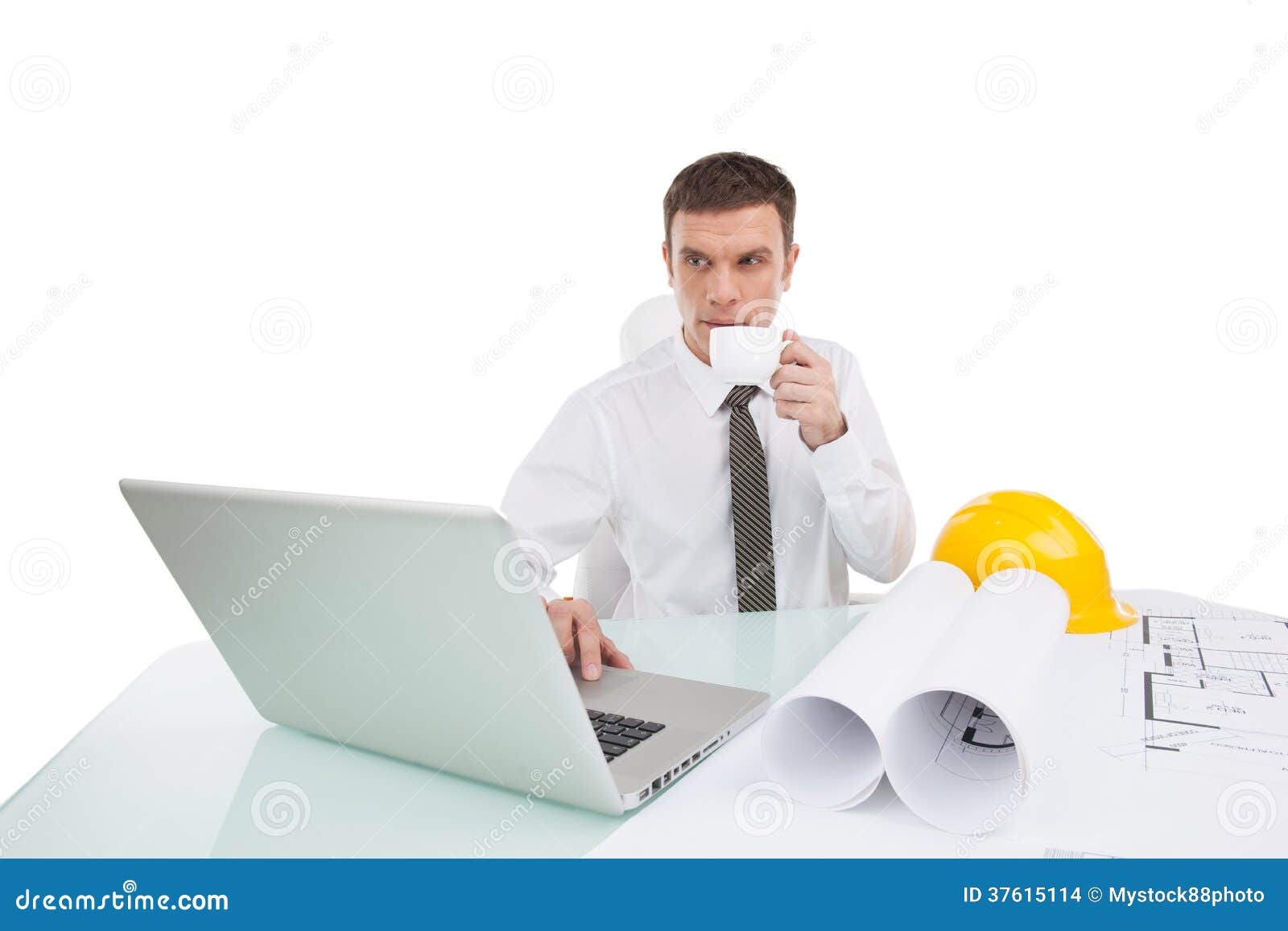 Worker Drinking Tea and Using Computer. Stock Photo - Image of desk ...