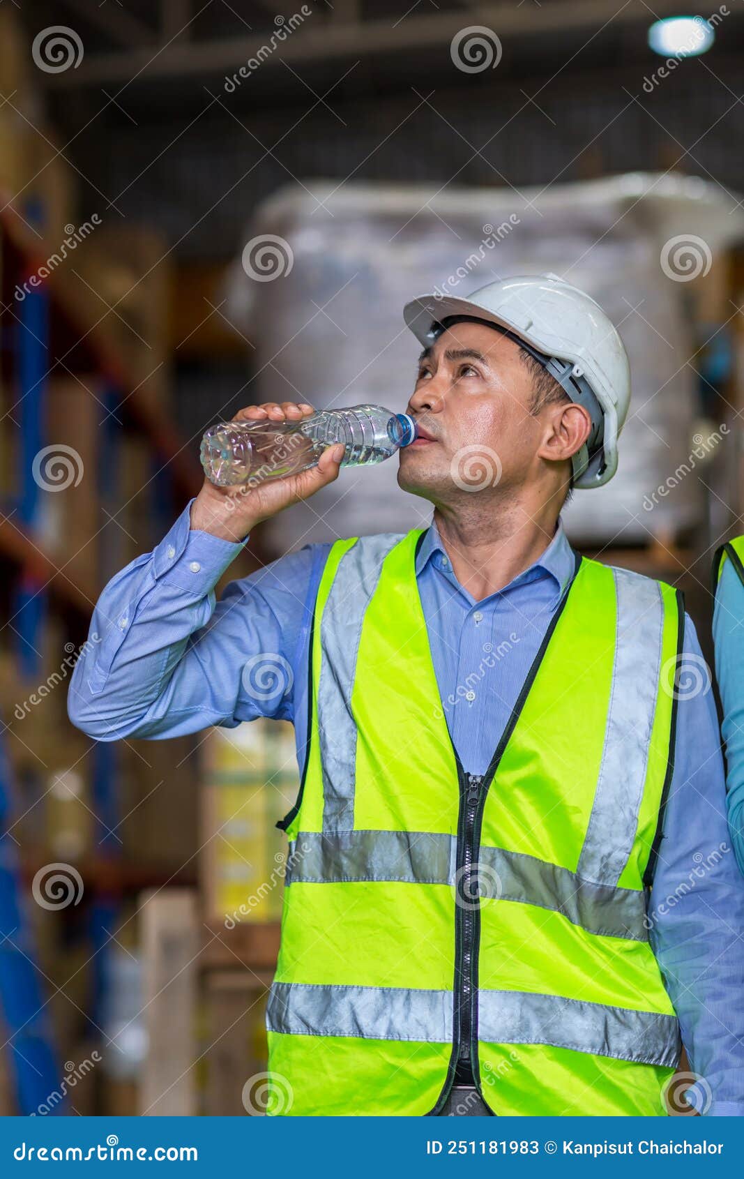 Worker Drinking Water in Factory Site. Stock Image - Image of machine ...
