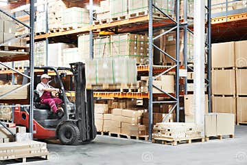 Worker Driver at Warehouse Forklift Loader Works Stock Image - Image of ...