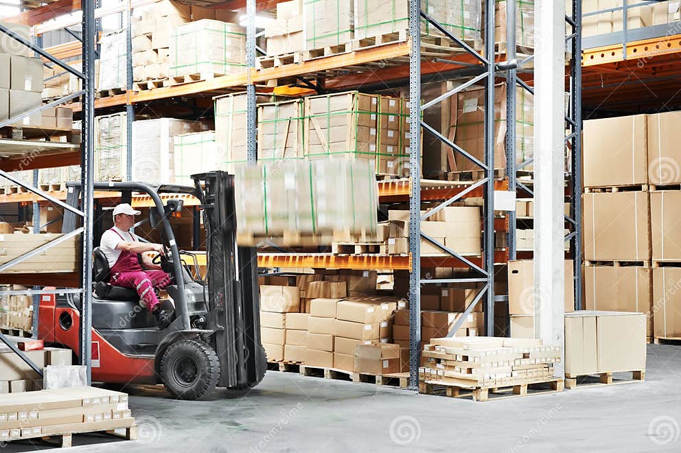 Worker Driver at Warehouse Forklift Loader Works Stock Image - Image of ...